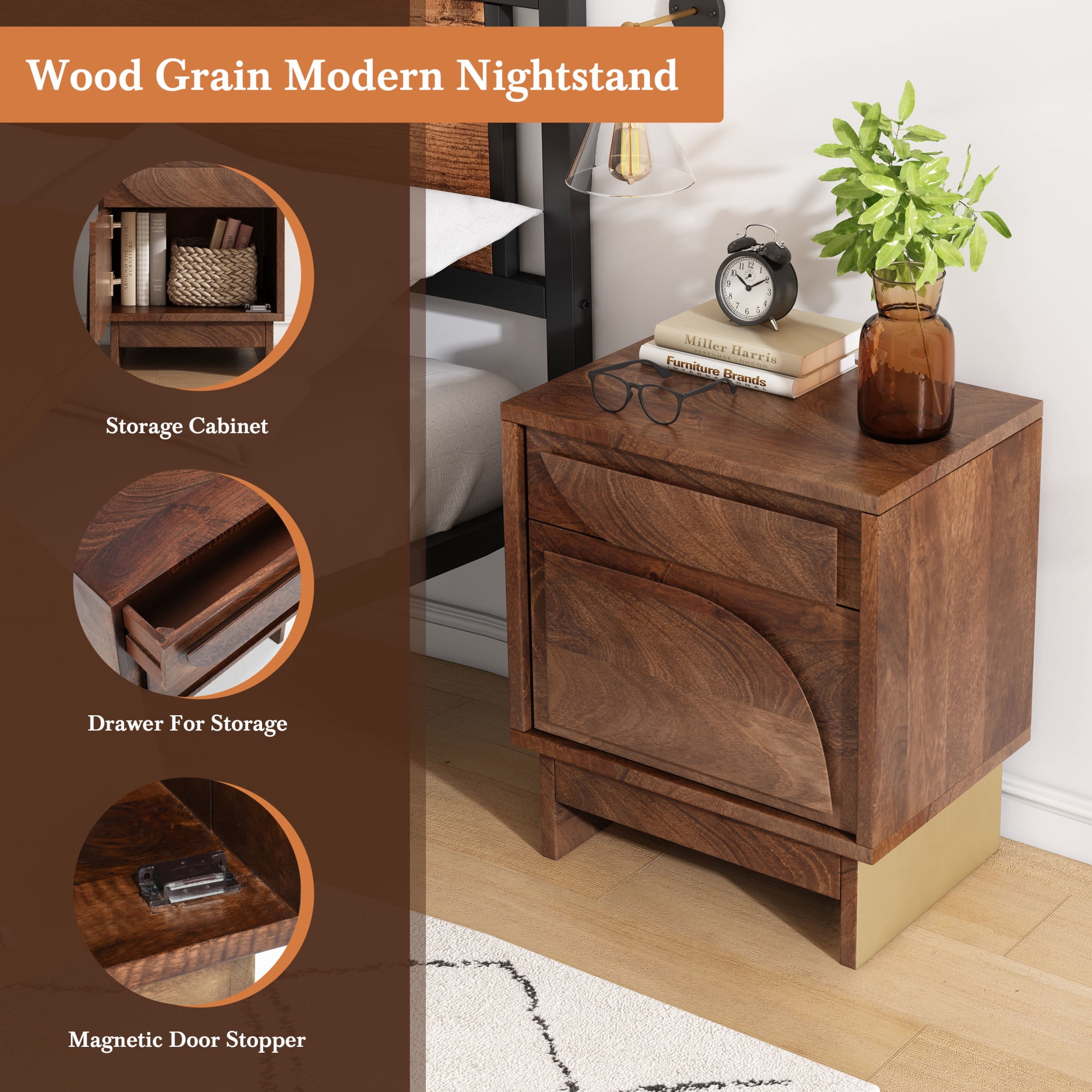 GDF Studio Modern Rectangle Wood Nightstand with Storage, Walnut ...