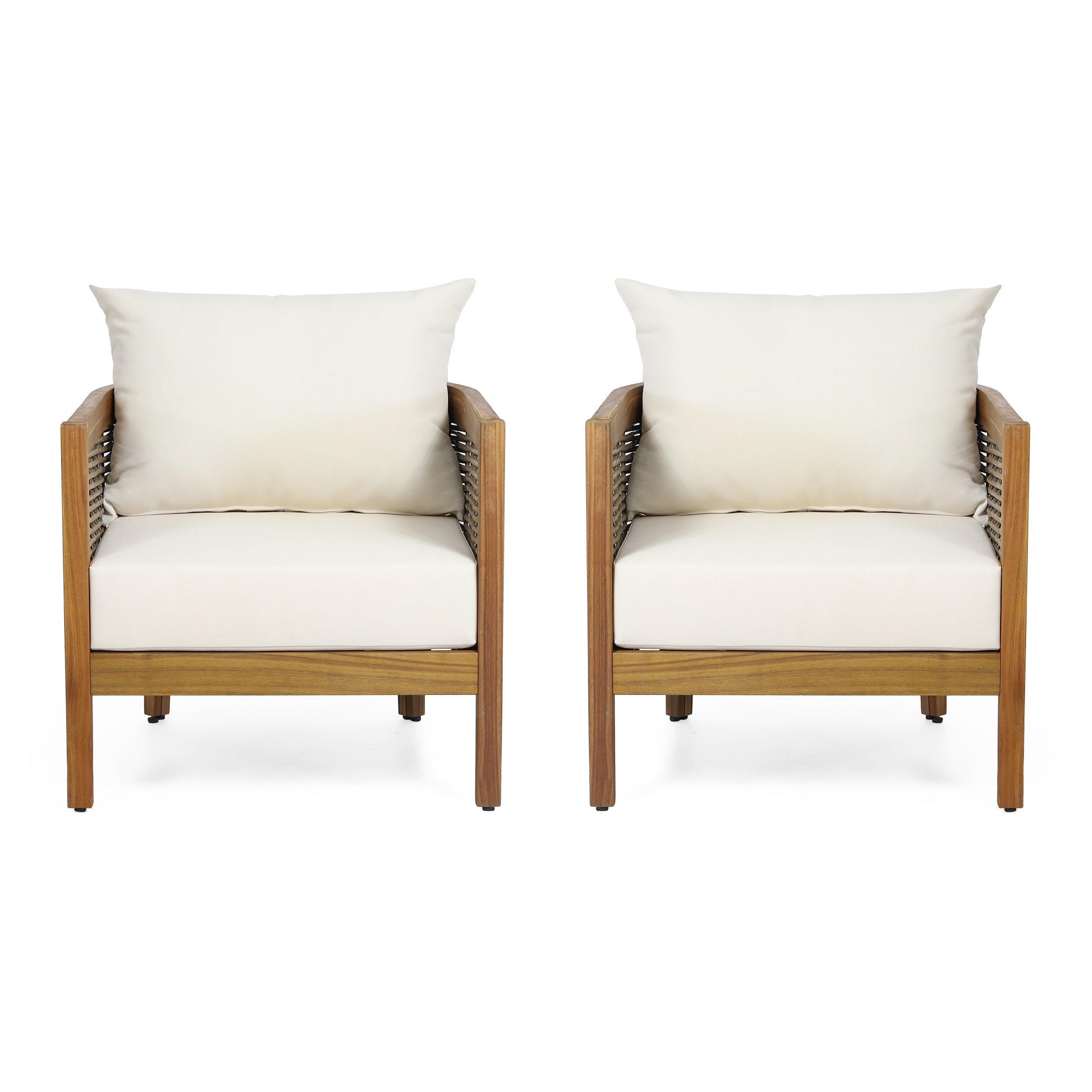 Gymax Set of 2 Folding Patio Acacia Wood Deck Chair Rattan Chaise ...