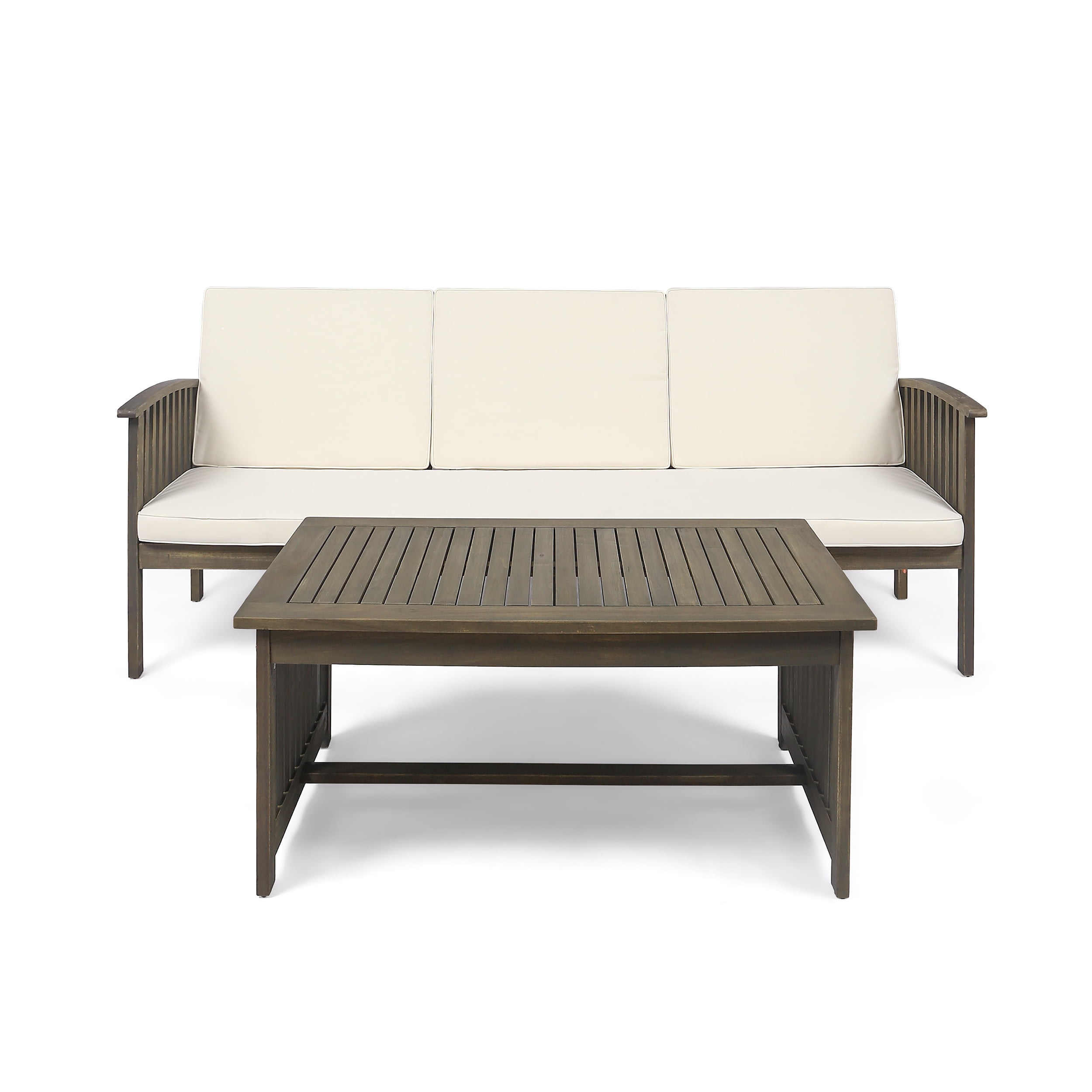 GDF Studio Navan Outdoor Acacia Wood 3 Seater Sofa and Coffee Table Set with Cushions, Gray and ...