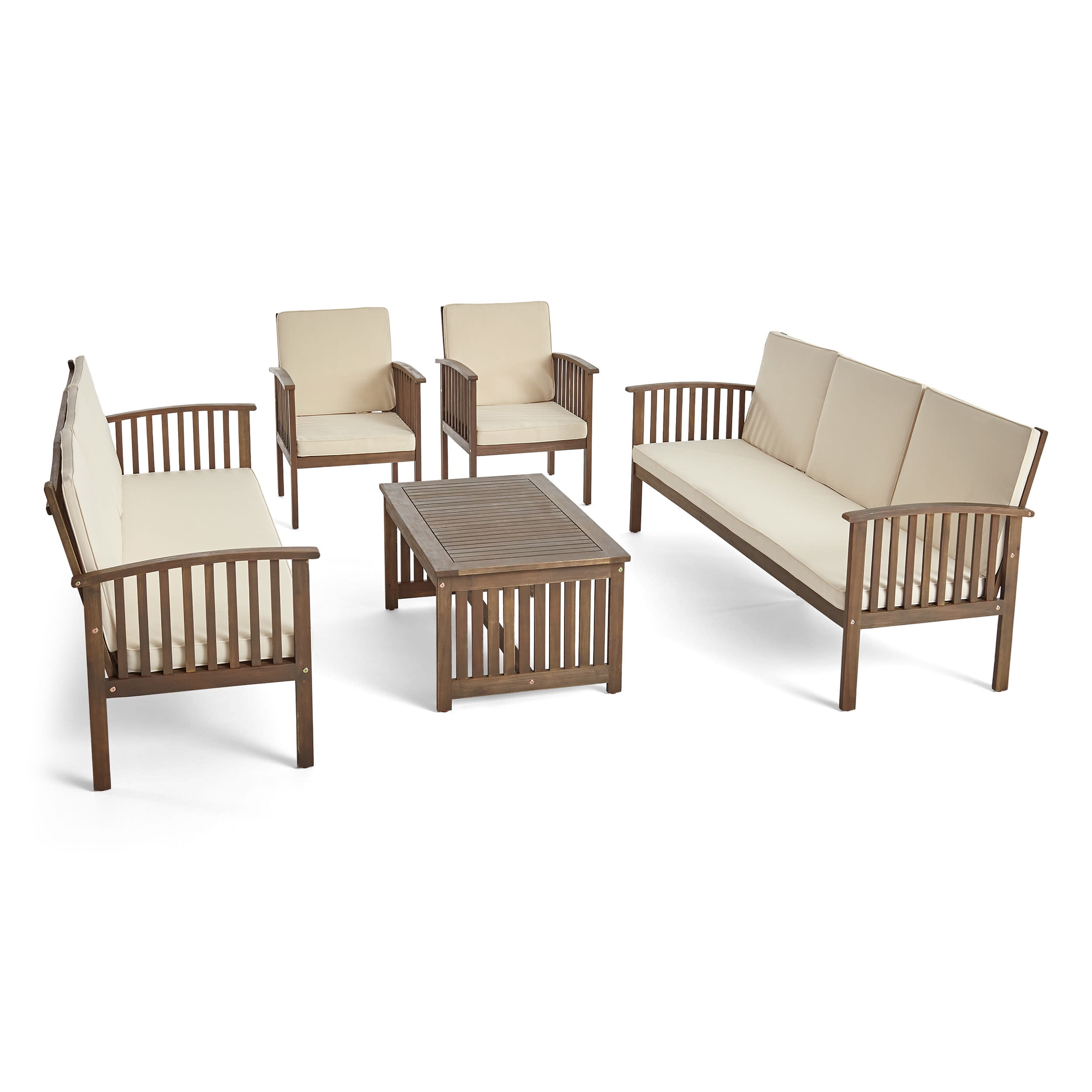 GDF Studio Navan Outdoor Acacia Wood 8 Seater Sofa Chat Set with Cushions, Gray and Cream ...