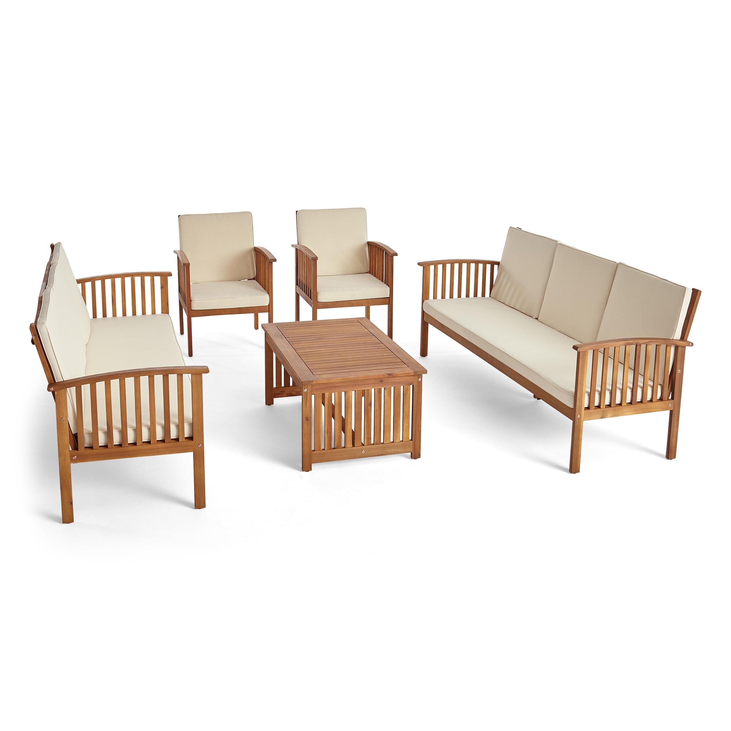 GDF Studio Navan Outdoor Acacia Wood 8 Seater Sofa Chat Set with Cushions, Teak and Cream ...