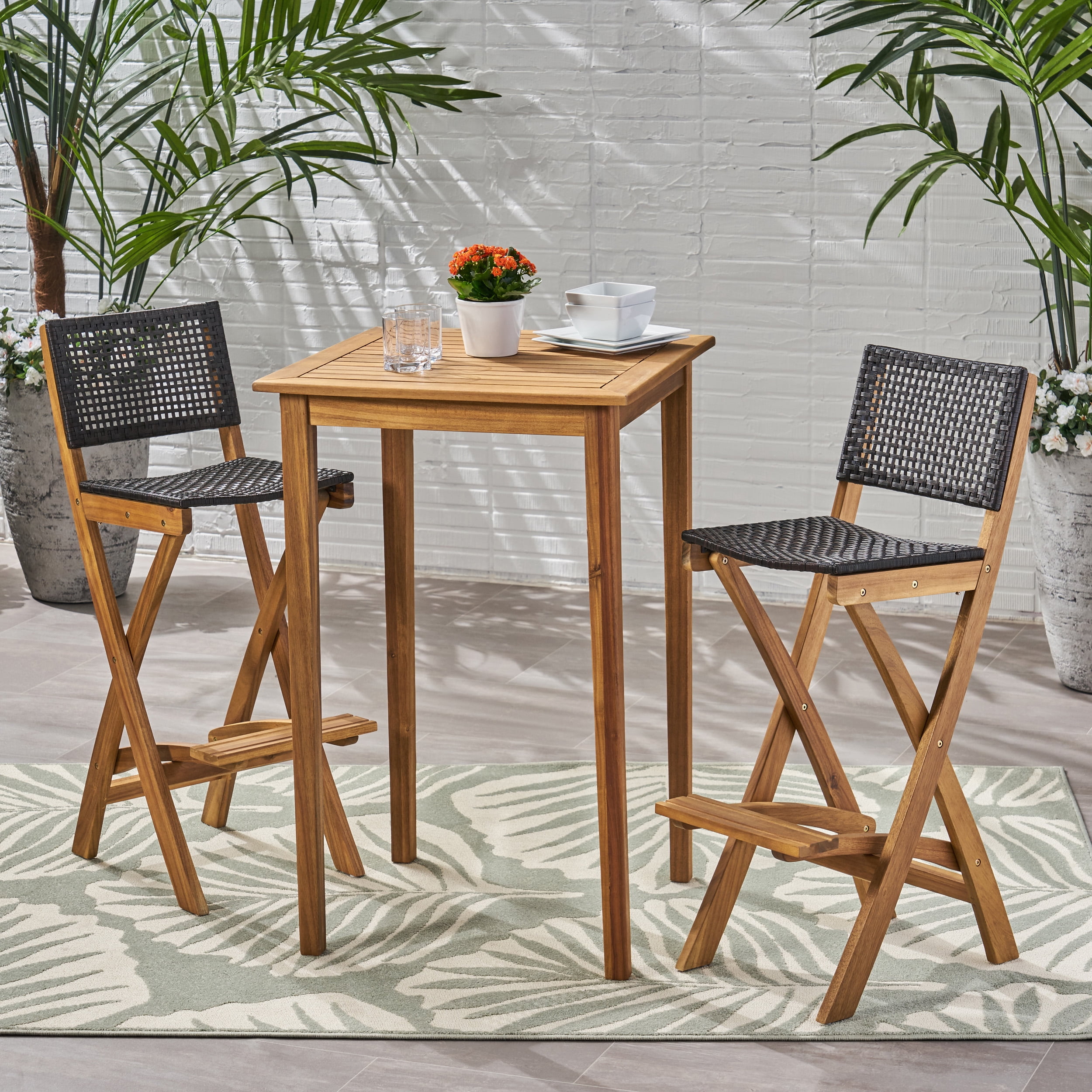 GDF Studio Omaha Outdoor Acacia Wood and Wicker 3 Piece Square Bar ...