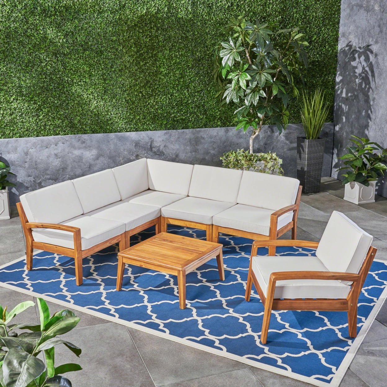 GDF Studio Parma Outdoor Acacia Wood 6 Seater Sectional Sofa and Club ...