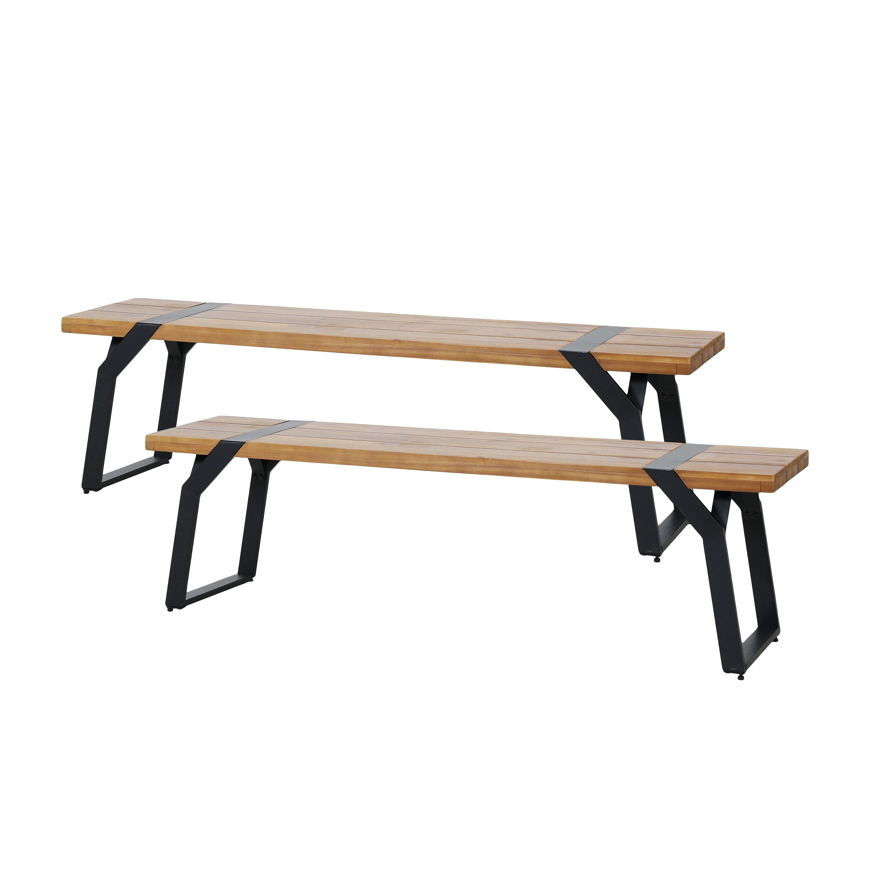 GDF Studio Pepple Outdoor Acacia Wood and Iron Dining Bench, Set of 2 ...