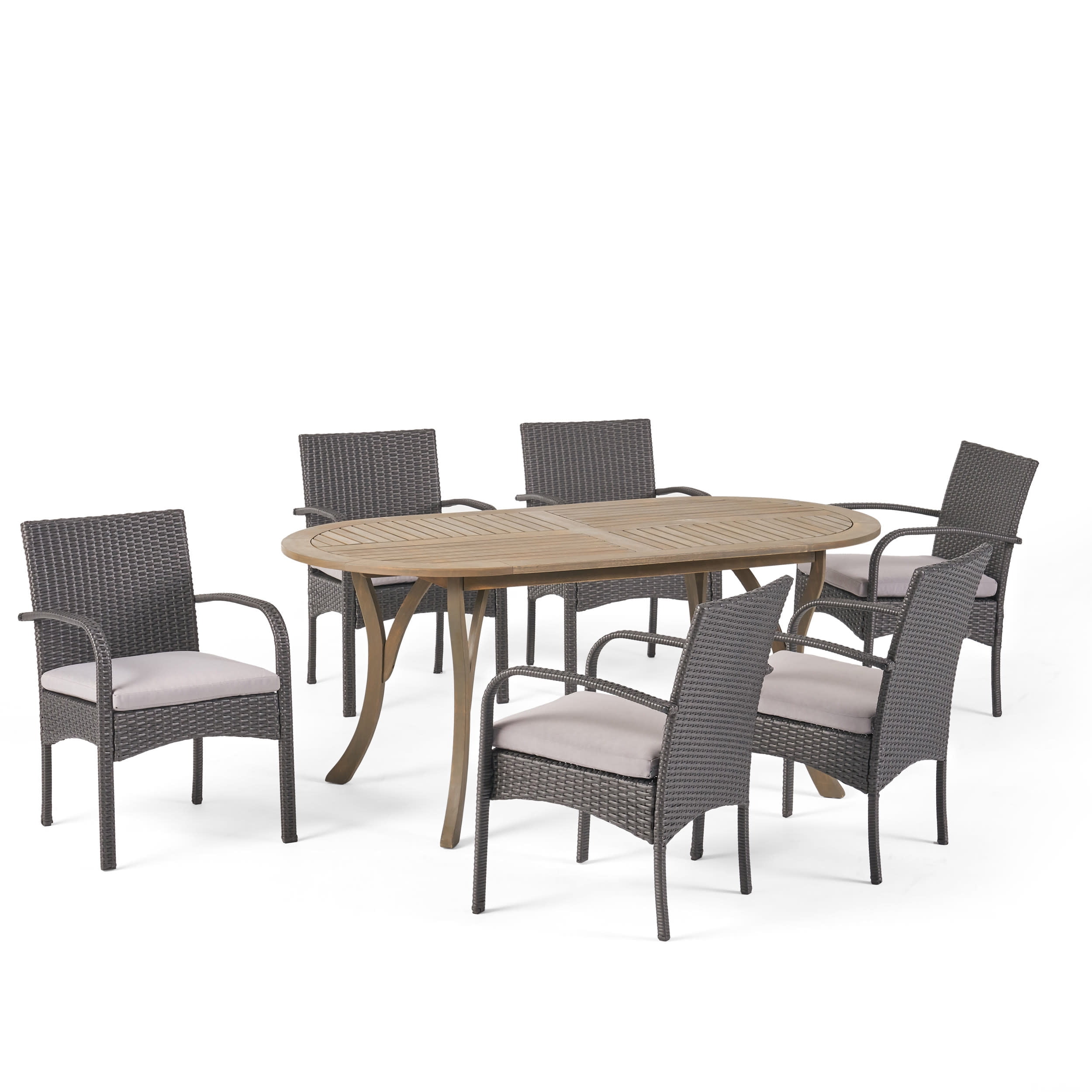 GDF Studio Pines Outdoor Acacia Wood and Wicker 7 Piece Dining Set with Cushions, Gray - Walmart.com