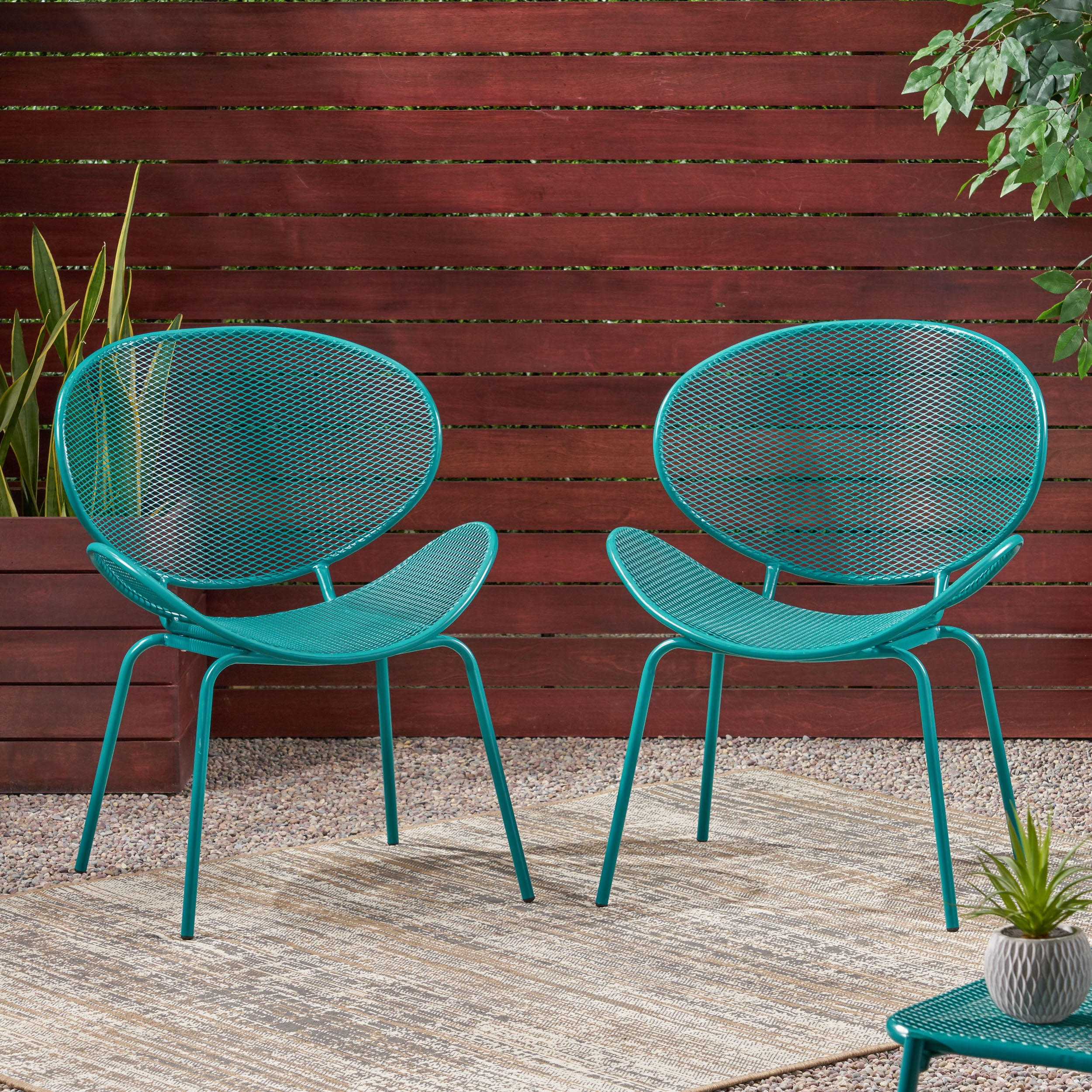 GDF Studio Poynes Outdoor Metal Mesh Shell Chairs, Set of 2, Matte Teal ...