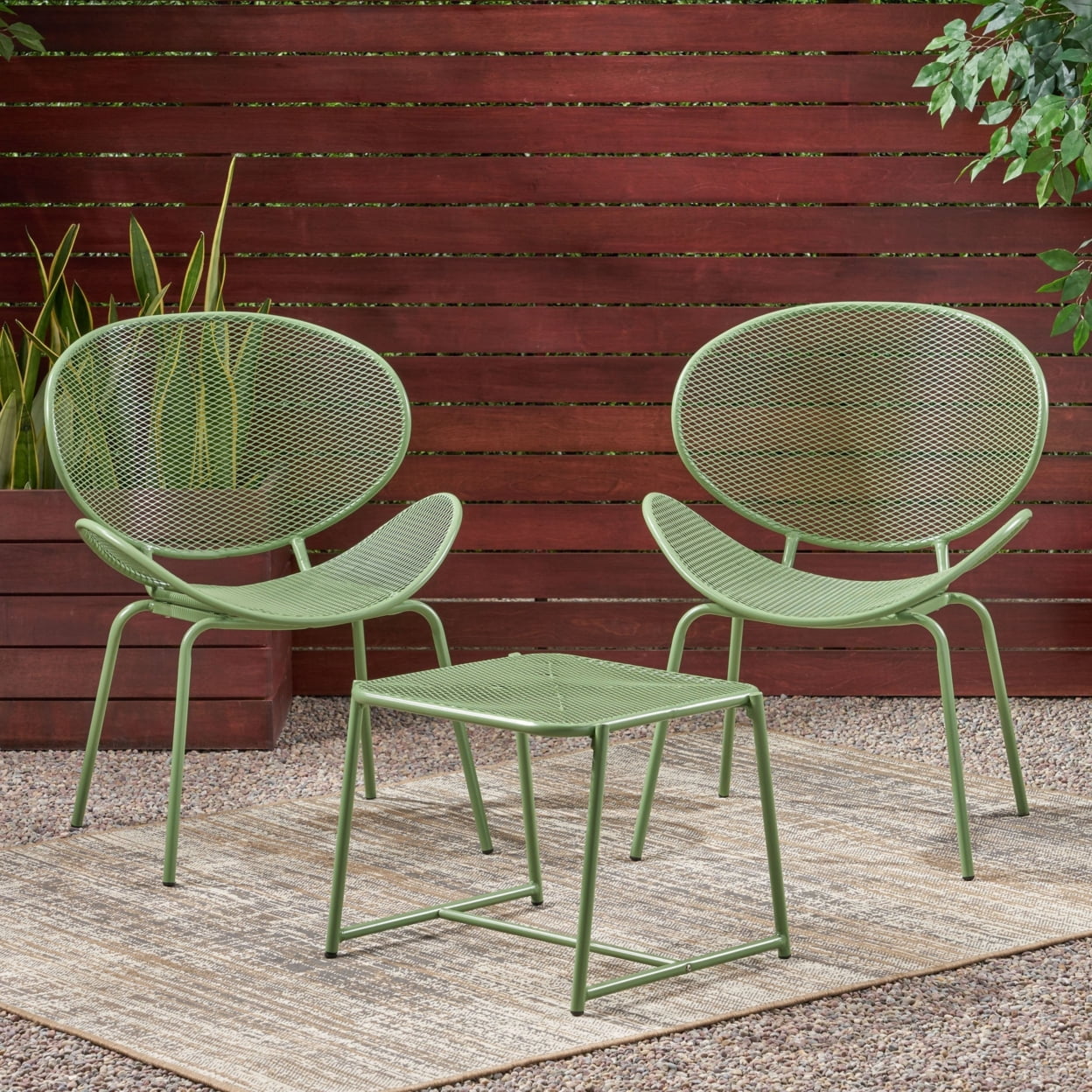 GDF Studio Poynes Outdoor Modern 3 Piece Chat Set, Matte Green ...