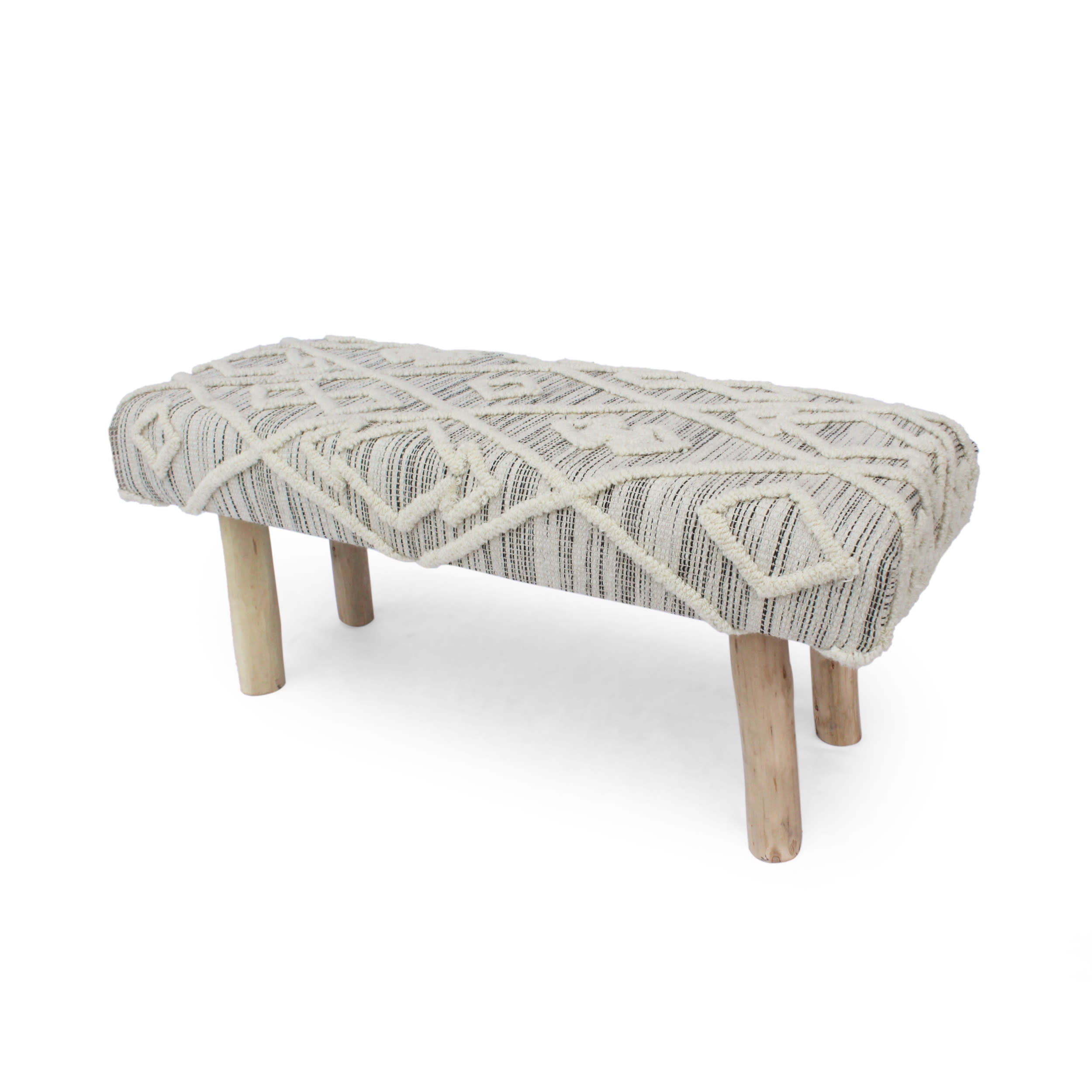 GDF Studio Prytania Boho Handmade Fabric Upholstered Bench, Ivory Knit ...