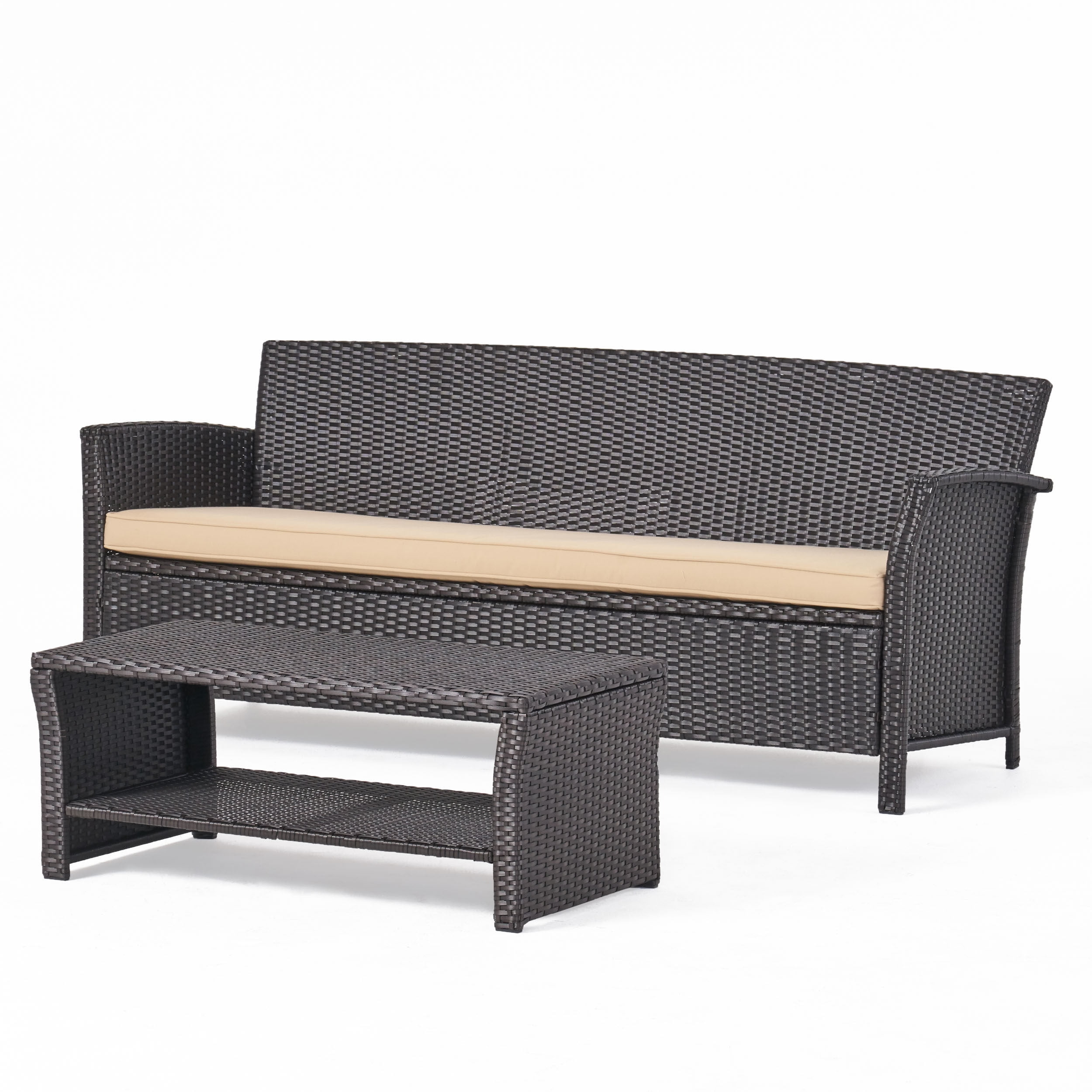 GDF Studio Raina Outdoor Wicker 3 Seater Sofa and Coffee Table, Brown ...