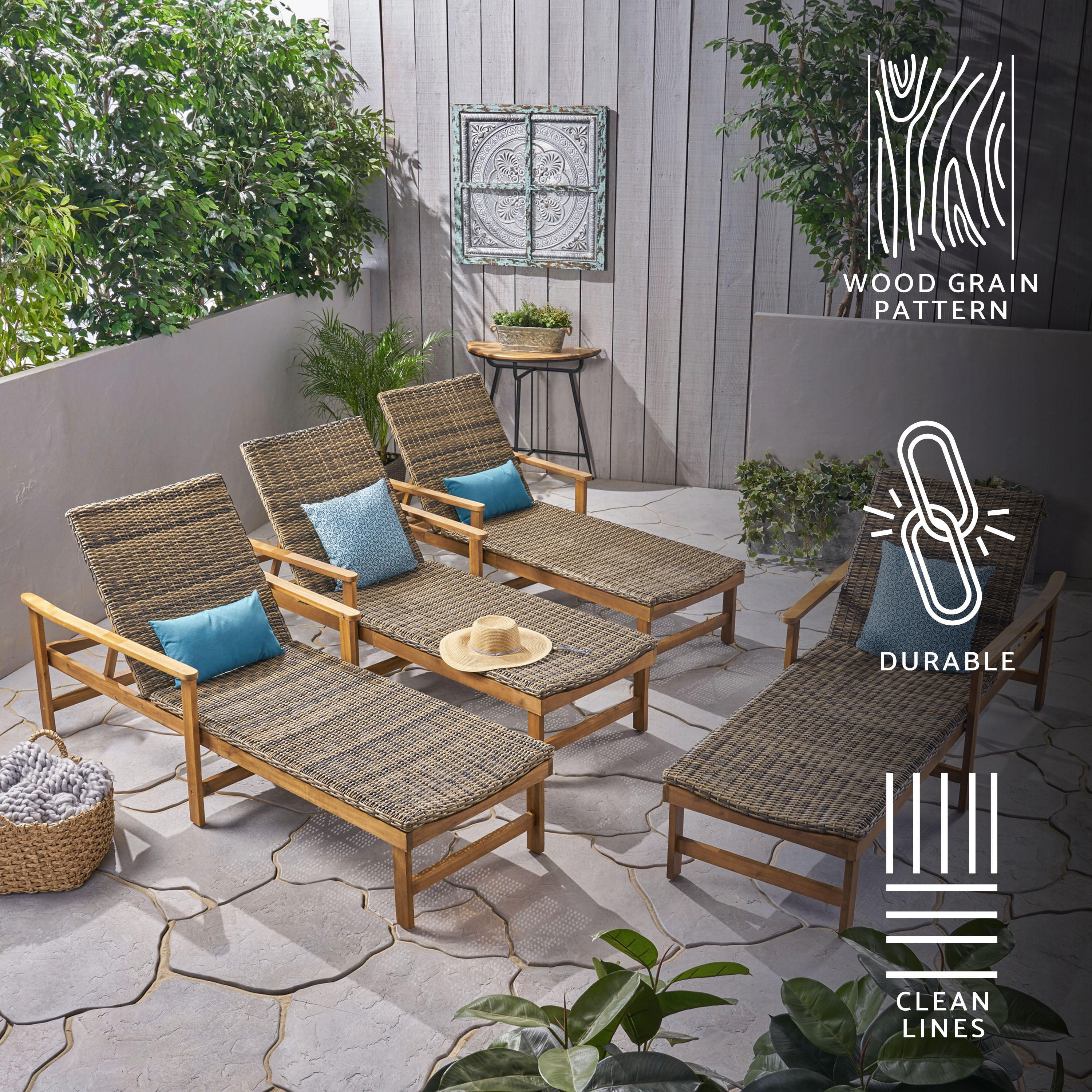 GDF Studio Acacia Wood and Wicker Adjustable Outdoor Chaise Lounge Set ...