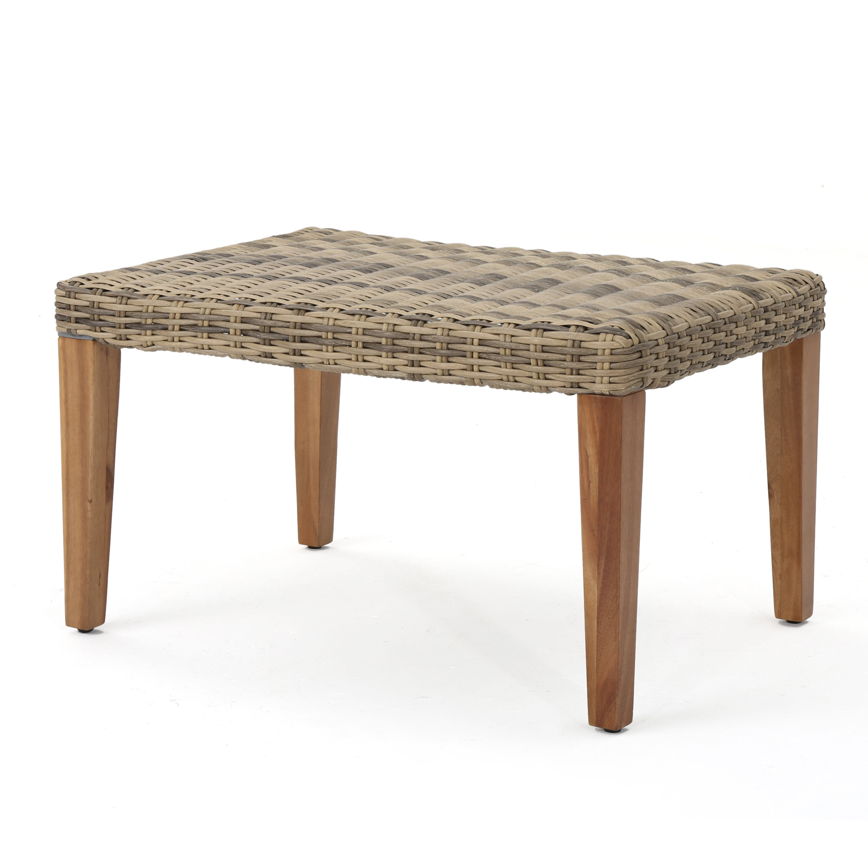 GDF Studio Savannah Outdoor Wicker and Acacia Wood Ottoman, Mixed Mocha ...