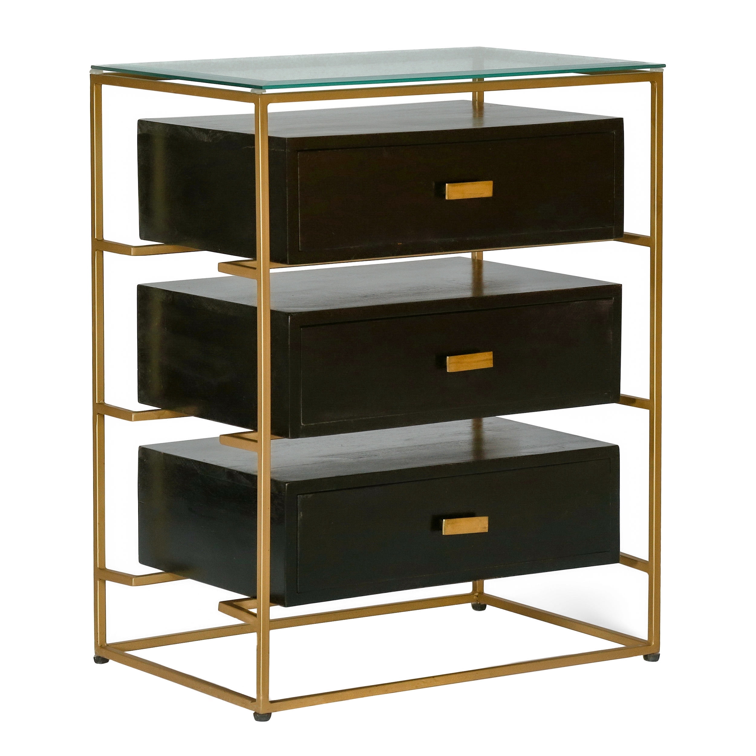 GDF Studio Sonne Modern Handmade Mango Wood 3 Drawer Glass Top ...