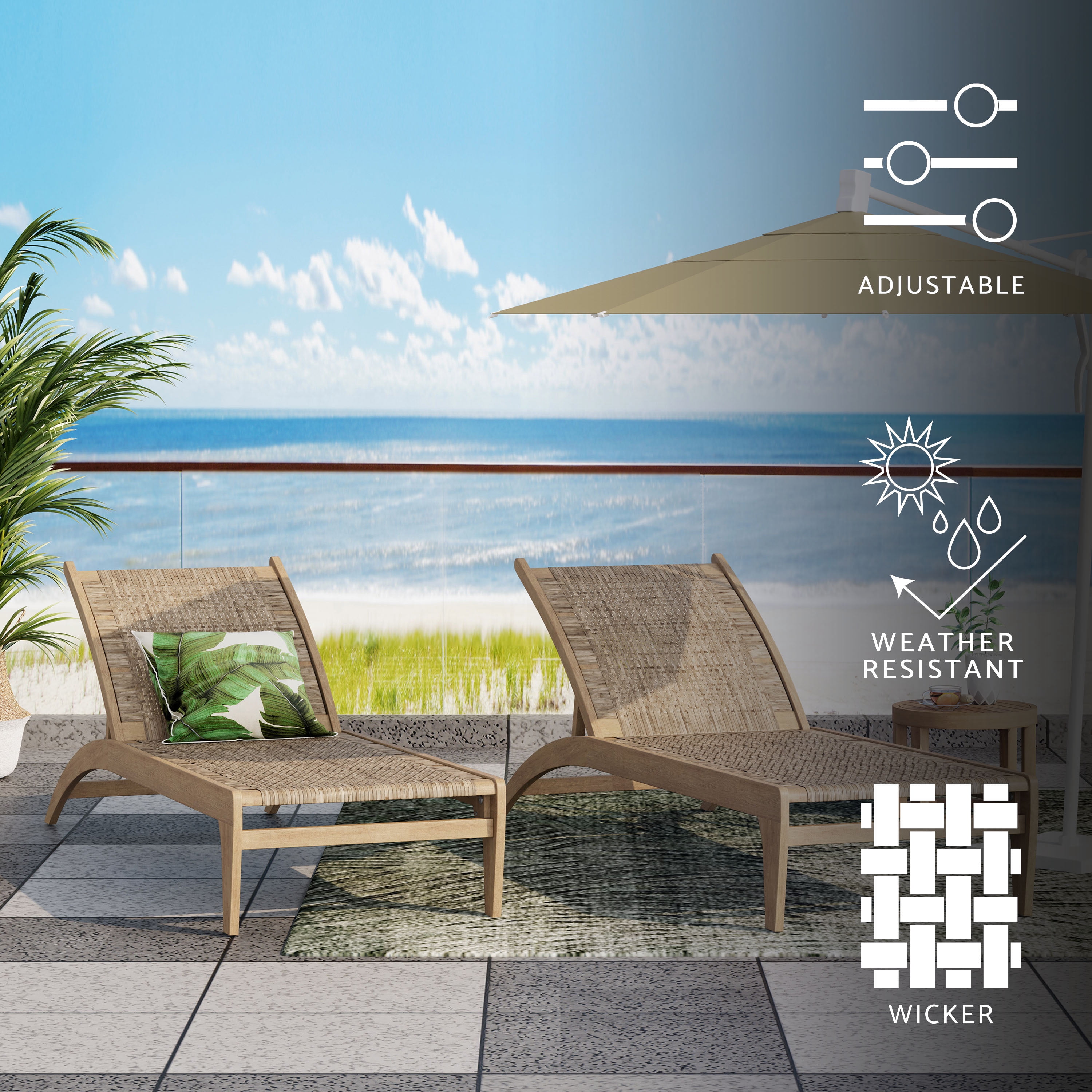 GDF Studio Stetson Acacia Wood & Flat Wicker Patio Pool Lounger, Set of ...