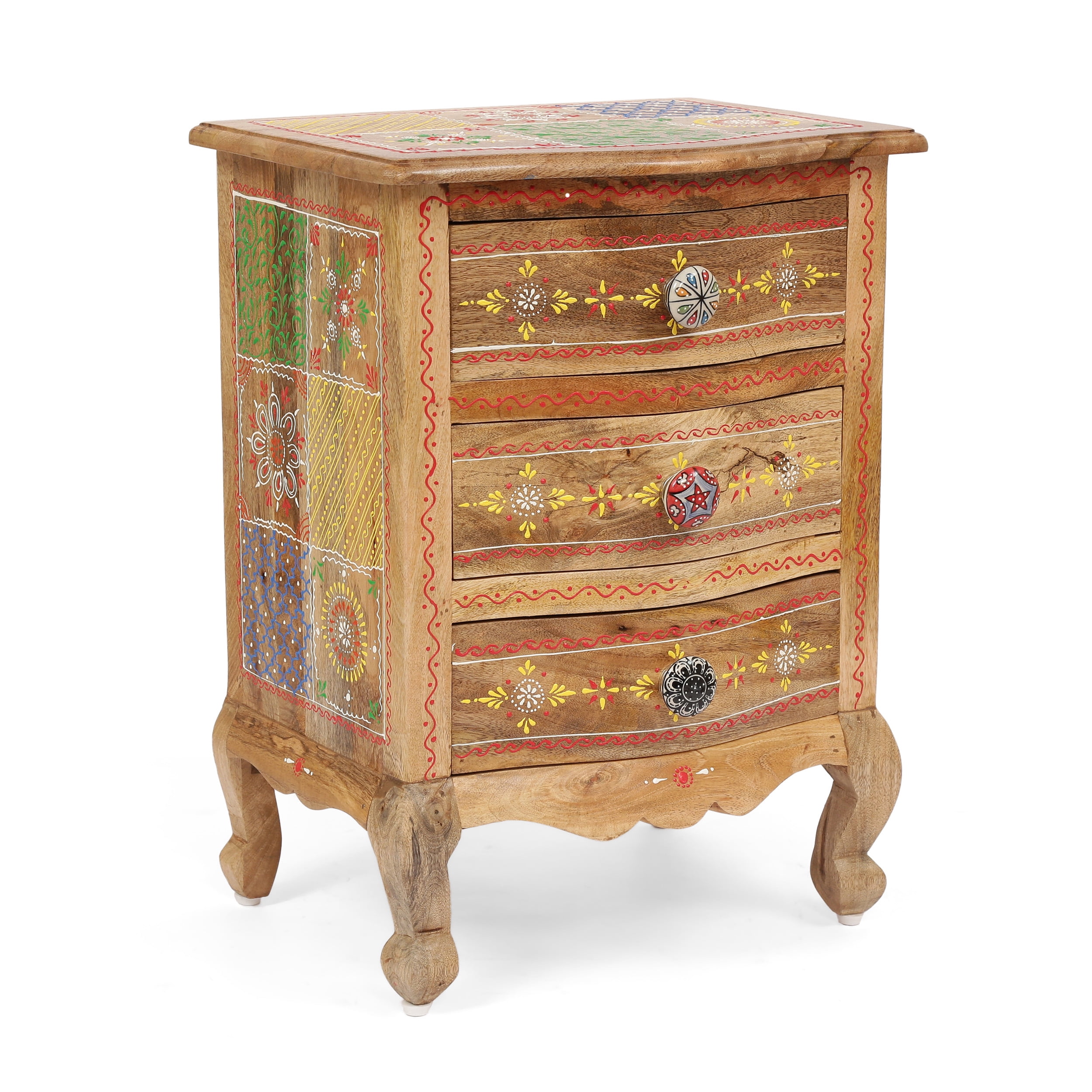 GDF Studio Valdosta Boho Handmade Mango Wood Nightstand with 3 Drawers ...