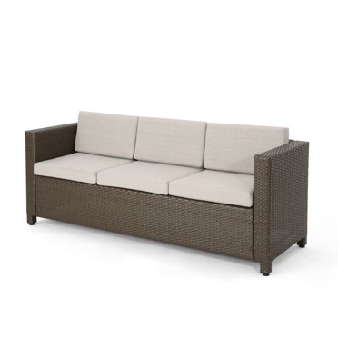 Patio Curved Rattler Acacia Wood and Wicker Outdoor 3 Seater Sofa with ...
