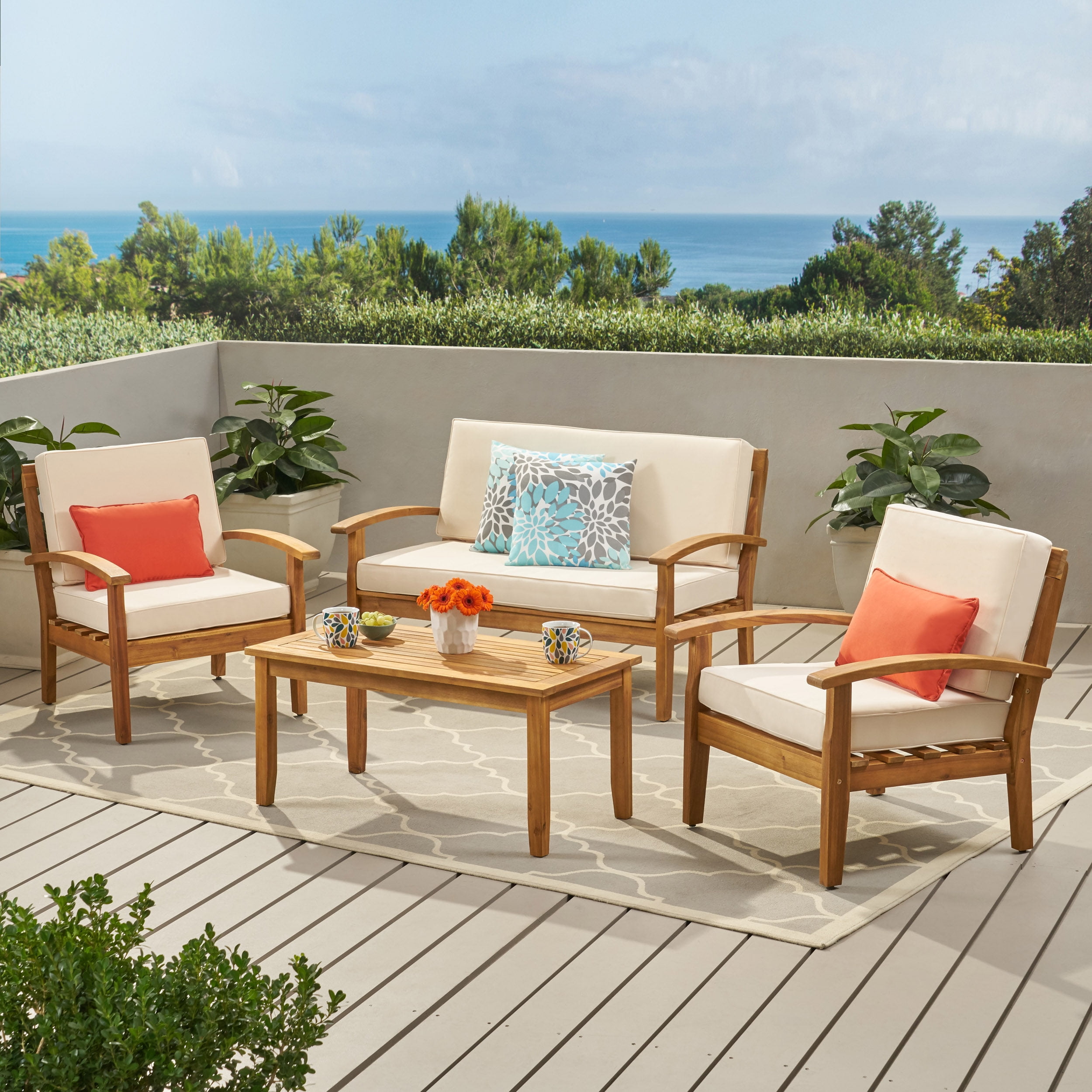 GDF Studio Vista 4-Piece Outdoor Wooden Chat Set W/ Cushions, Beige ...
