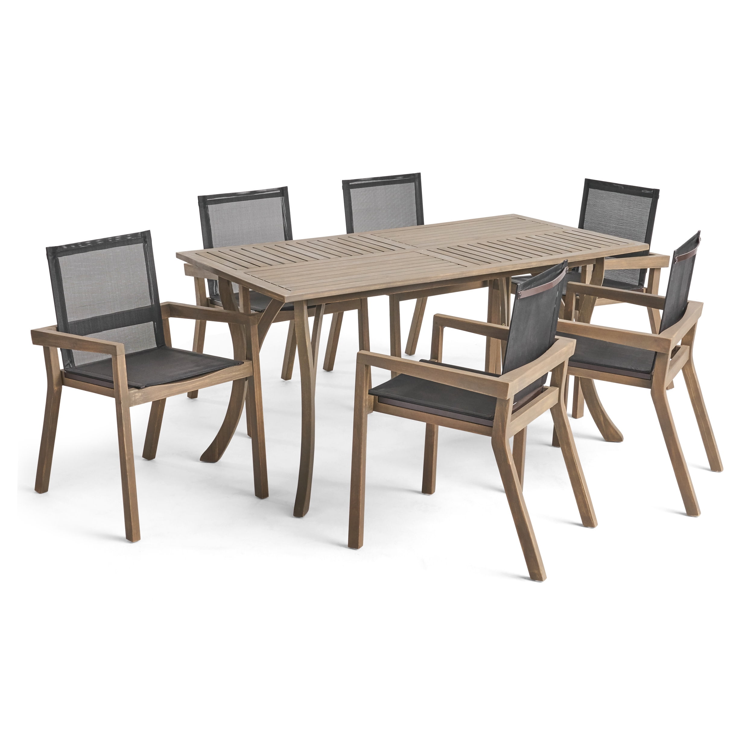 GDF Studio Wesley Outdoor Acacia Wood and Mesh 7 Piece Dining Set, Gray ...