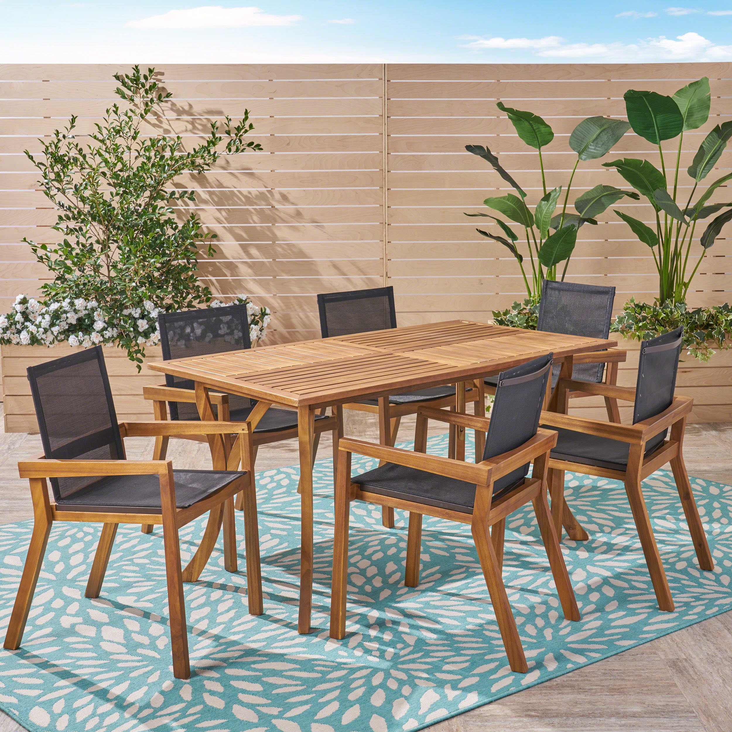 GDF Studio Wesley Outdoor Acacia Wood and Mesh 7 Piece Dining Set, Teak ...