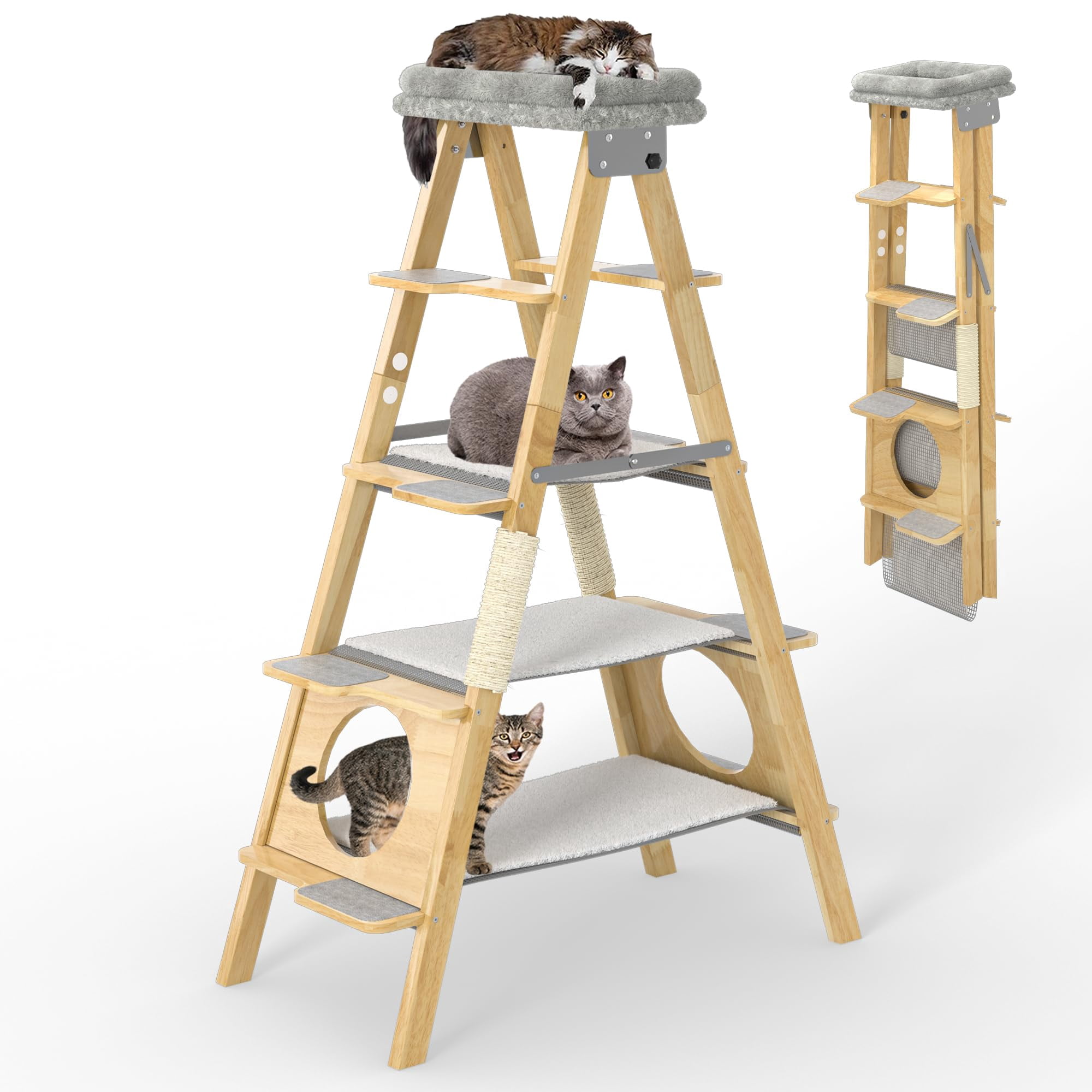 GDLF Modern Wood Cat Tree Foldable Ladder Design with Hammock & Sisal ...