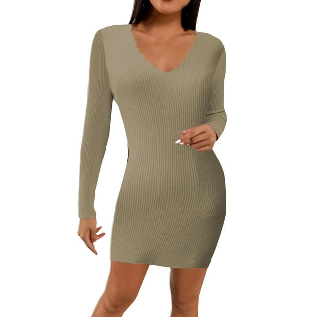 Gdreda Plus Size Formal Dress Womens Sexy Long Sleeve Slim Fit Sexy Package Hip Elegant Knit