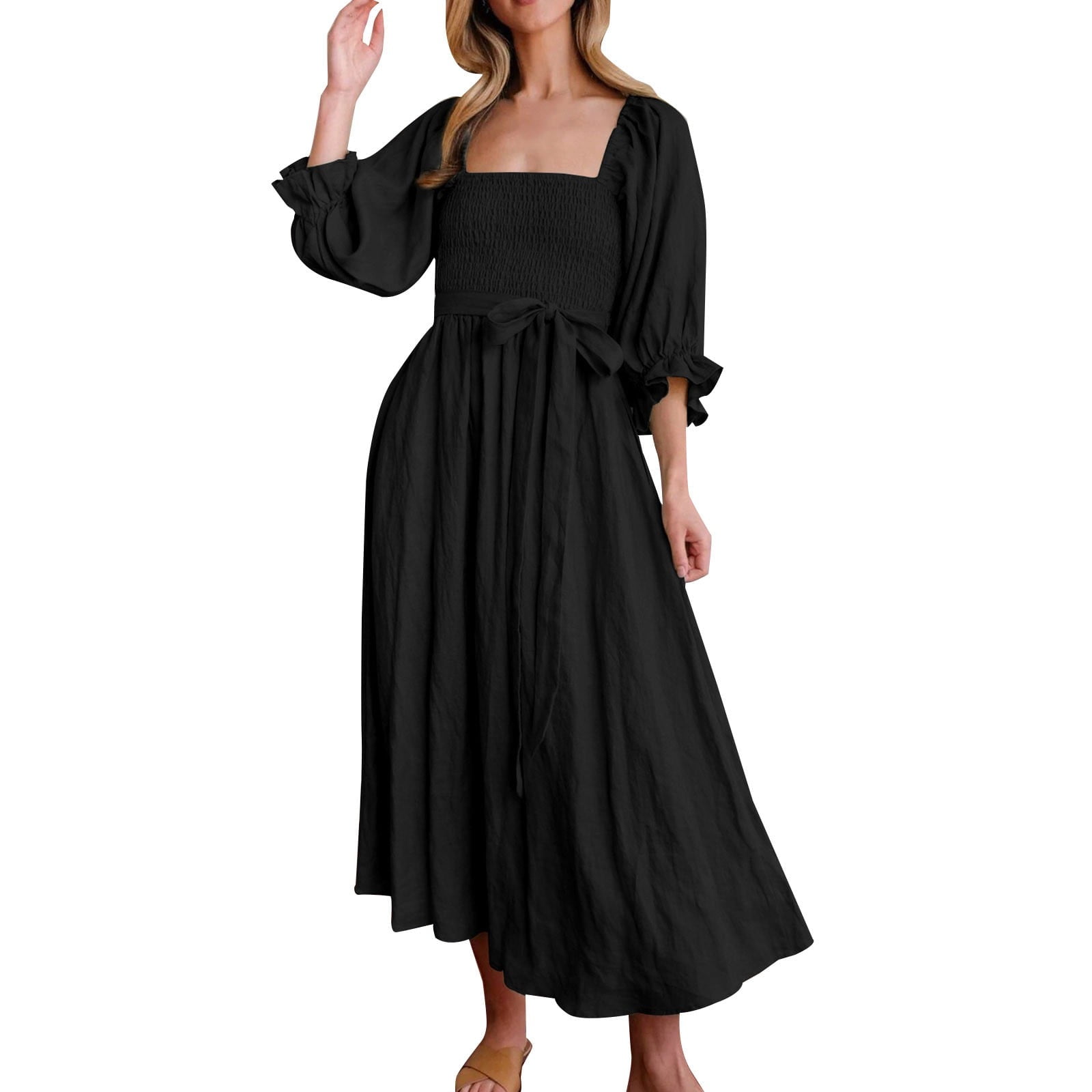 Gdreda Plus Size Sexy Dress Womens Short Sleeves Fashion Elegant Long Dress Waist Tie Belt