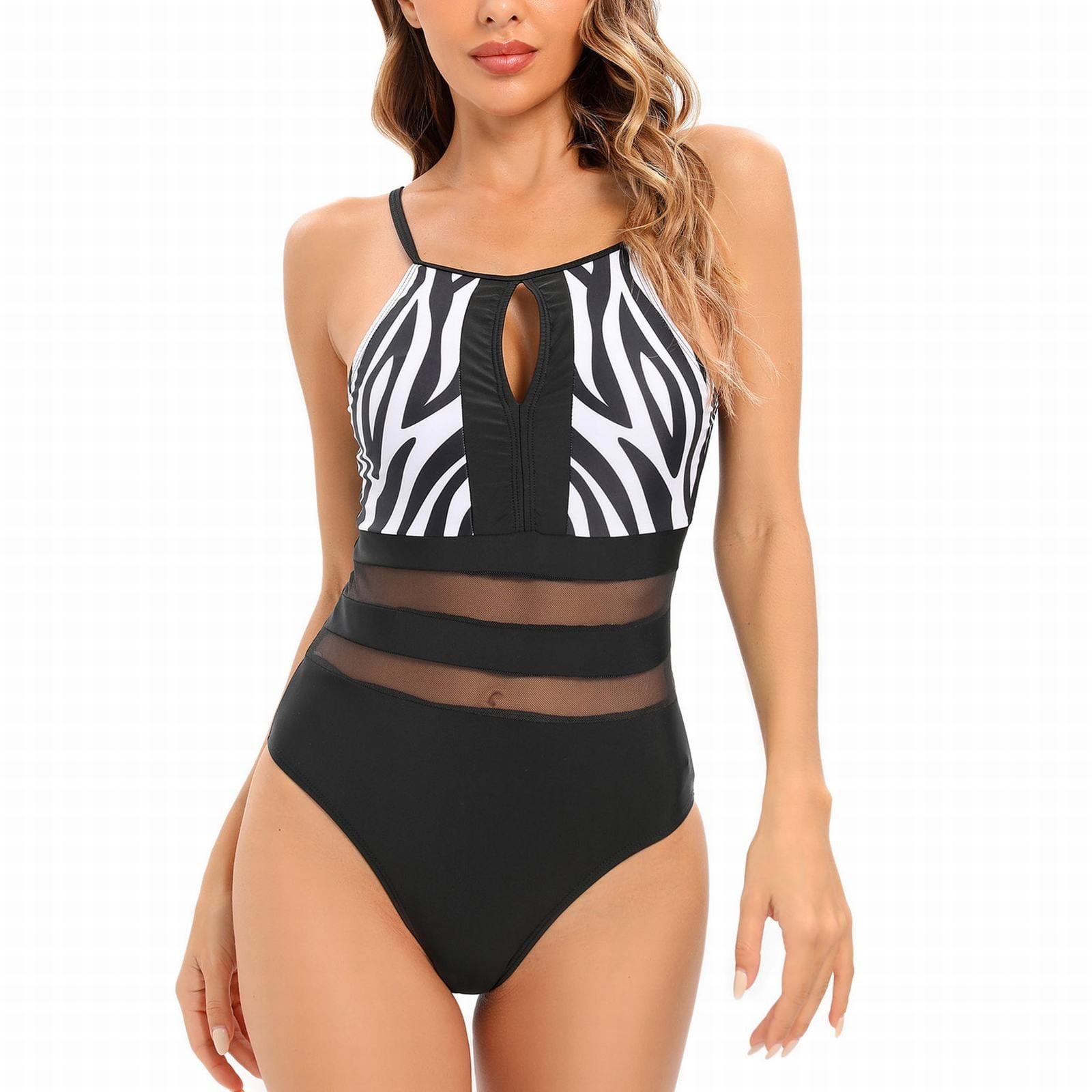 Gdreda One Piece Bathing Suits Womens Printed Mesh Spliced Swimwear