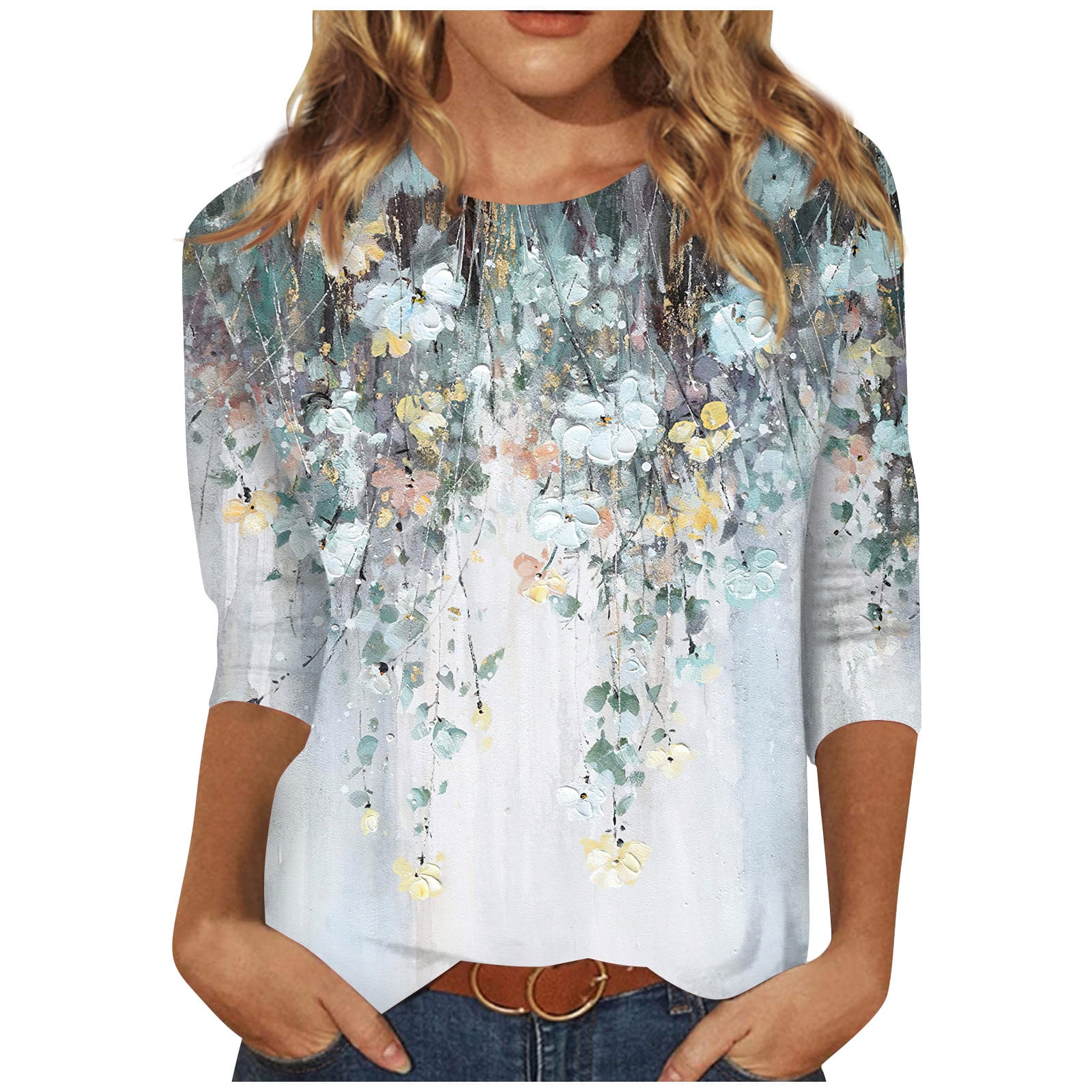 Gdfun Womens Autumn Tunic Tops 3 4 Sleeves Round Neck Flowers Print