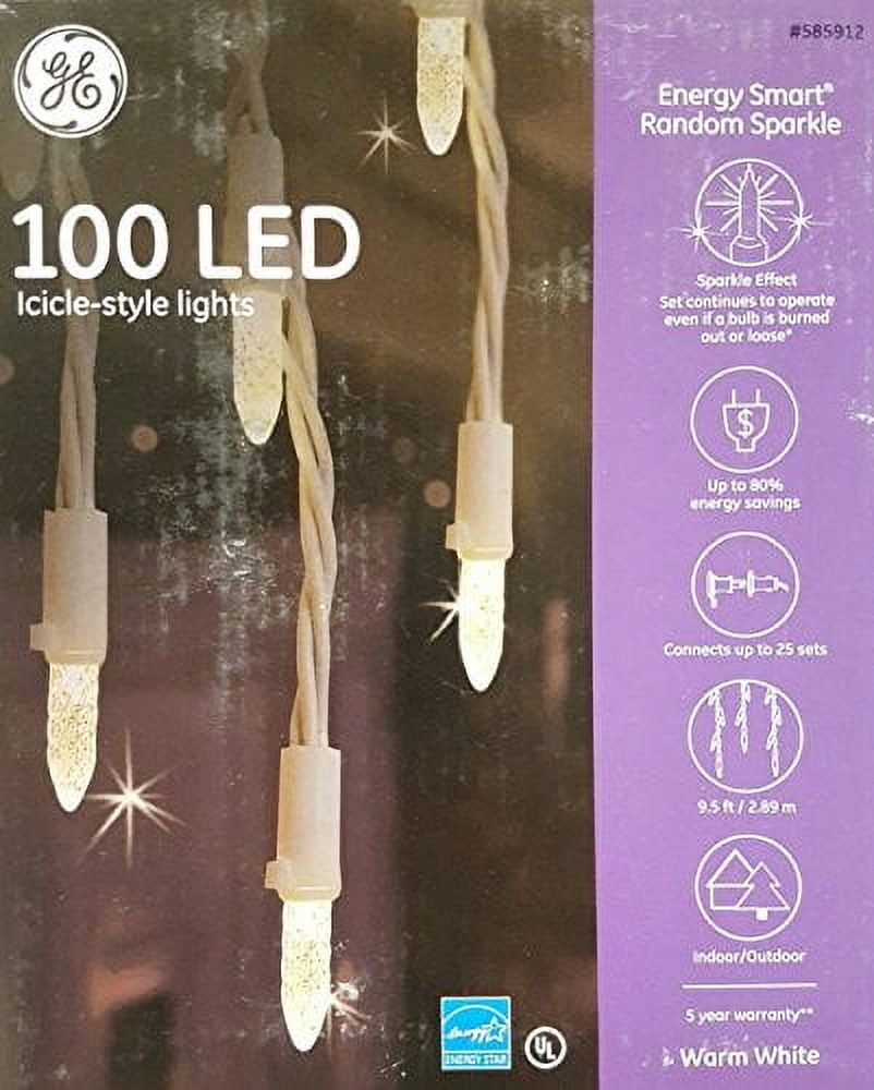 GE 100 Warm White LED Icicle-Style Random Sparkle Christmas Light Set ...