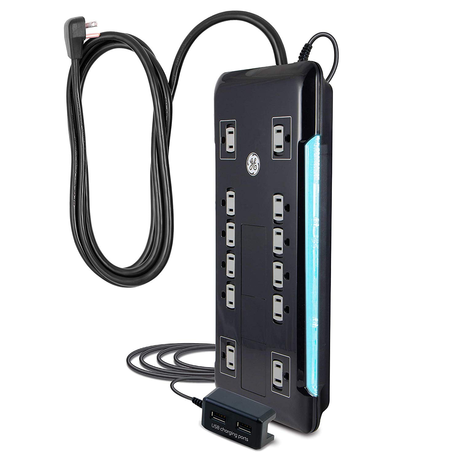 GE 12-Outlet Power Strip Surge Protector with 2-USB Ports, Long 8ft ...