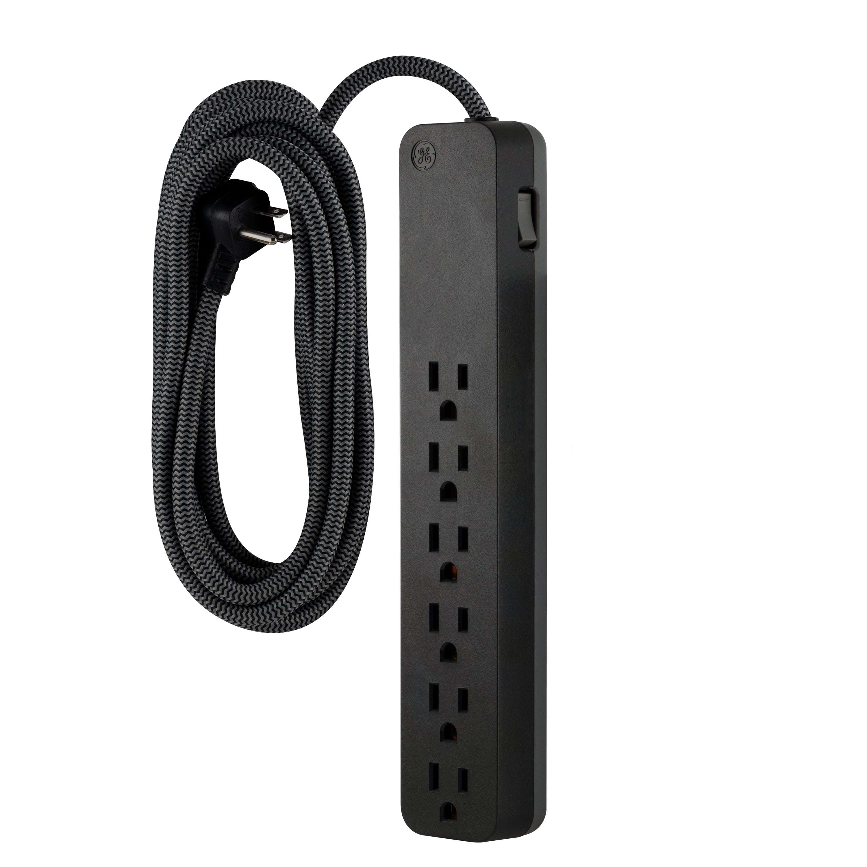 GE 20ft 6-Grounded Outlet Surge Protector, 840J, Braided Cord, Black ...