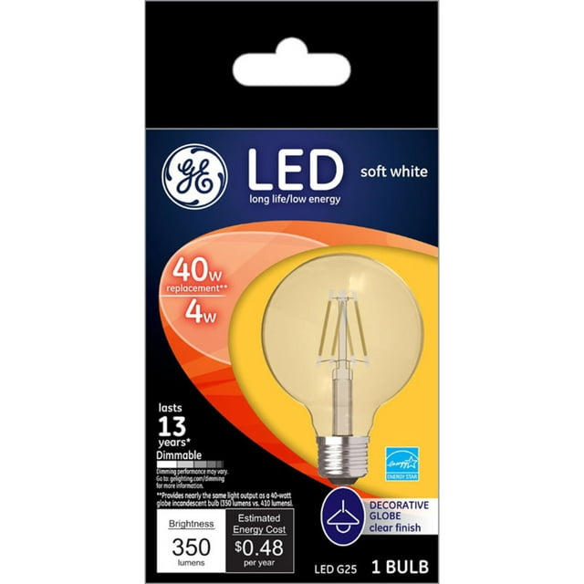 GE 24590 G25 LED Globe Bulb, Clear, Soft White, 4 Watts, 350 Lumens - Walmart.com