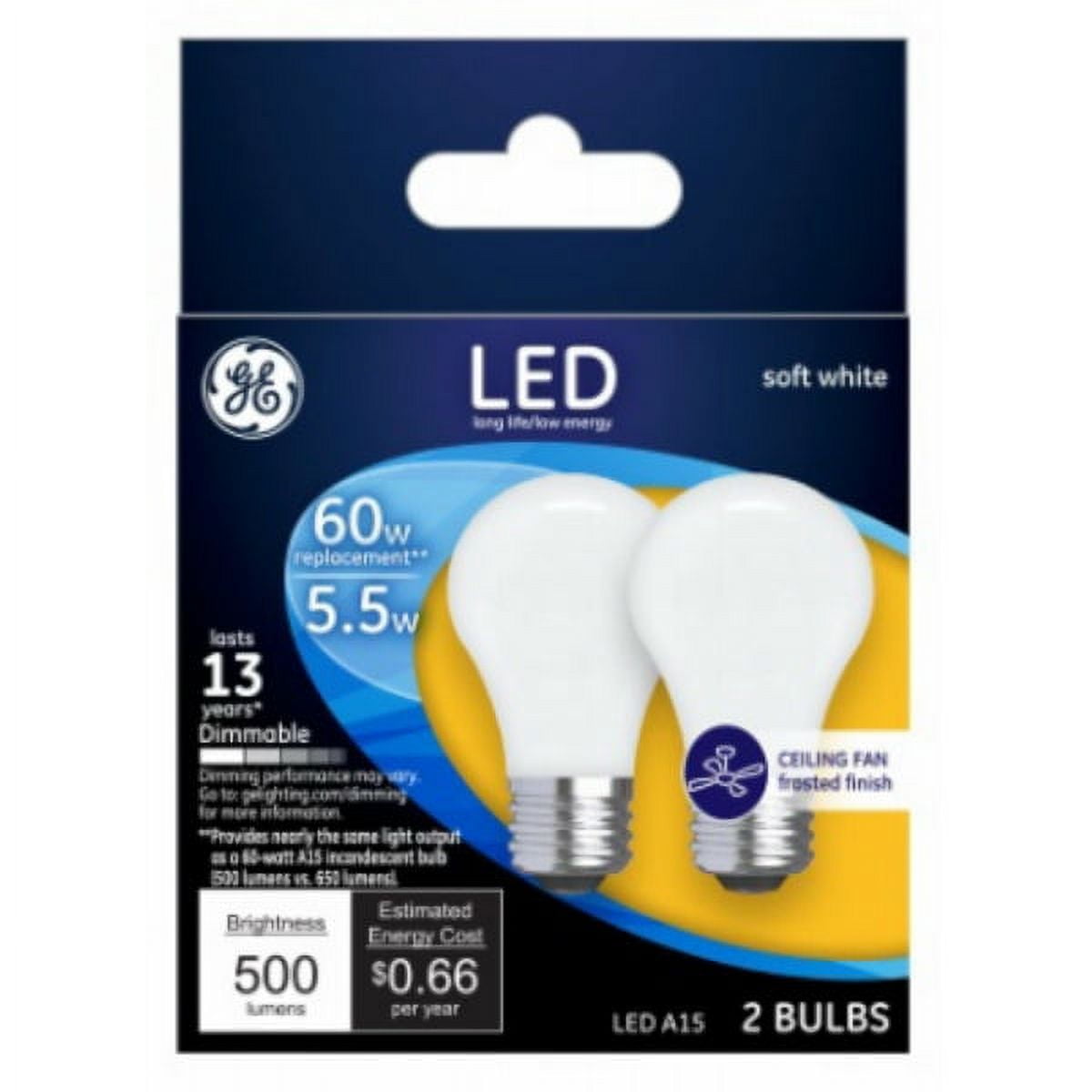 GE 25986 Medium-Base A15 Frost Dimmable Ceiling Fan LED Bulb, White, 5 ...