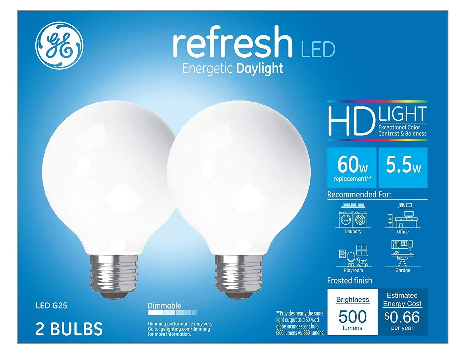 GE 31709 G25 Refresh HD Dimmable LED Light Bulbs, 5.5 Watts, Each ...