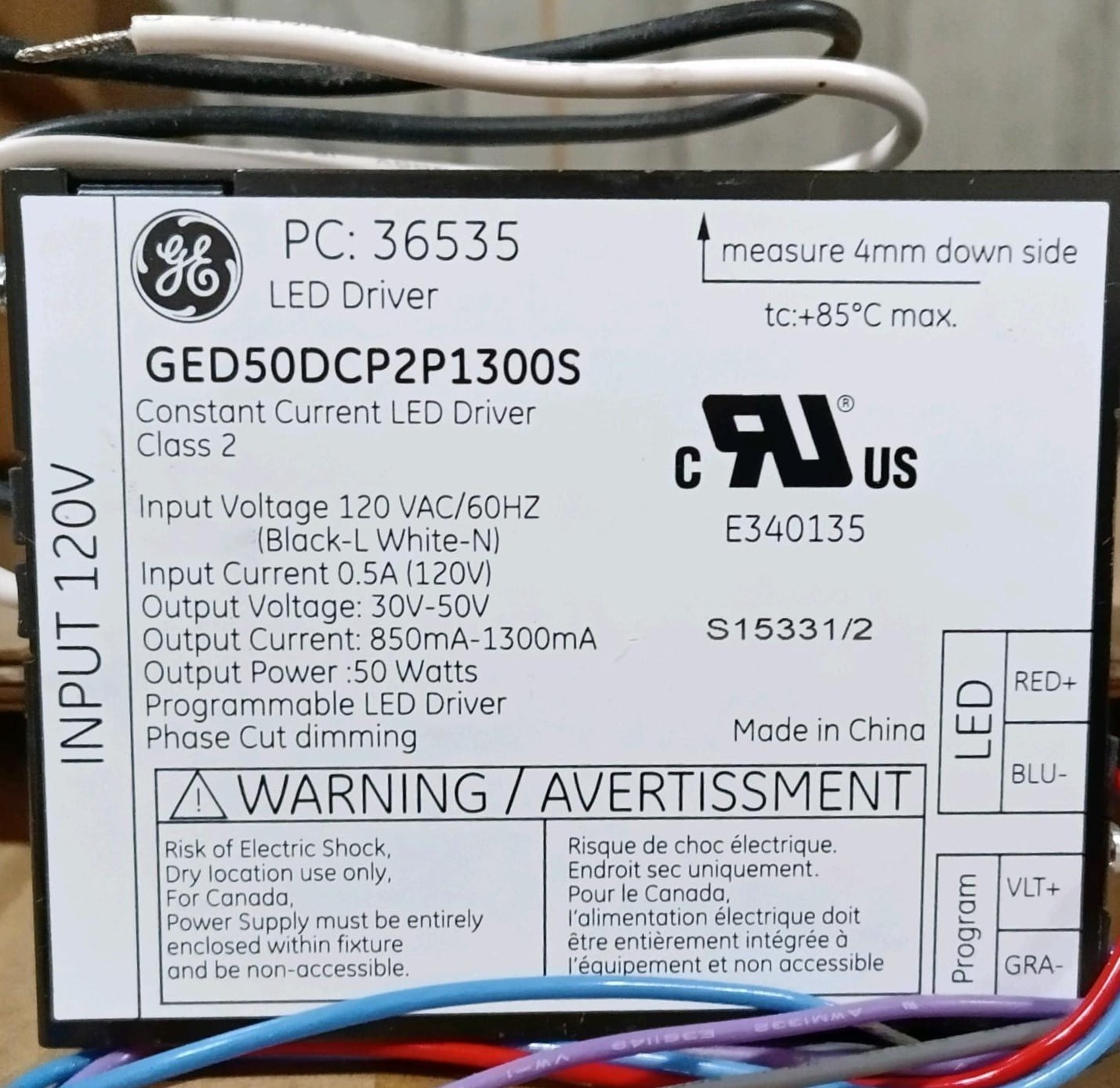 GE 36535 LED Driver GED50DCP2P1300S Constant Current Class 2 ...