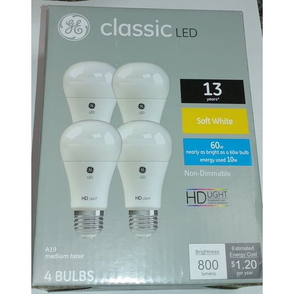 GE Lighting LED A19 Bulbs, Soft White, 800 Lumens, 10W Equals 60W, 4 ...
