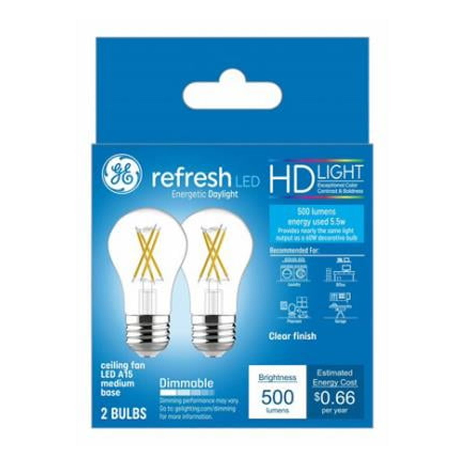 GE 46661 HD+ Refresh LED Ceiling Fan Bulbs, Clear, A15, Medium Base, 5. ...