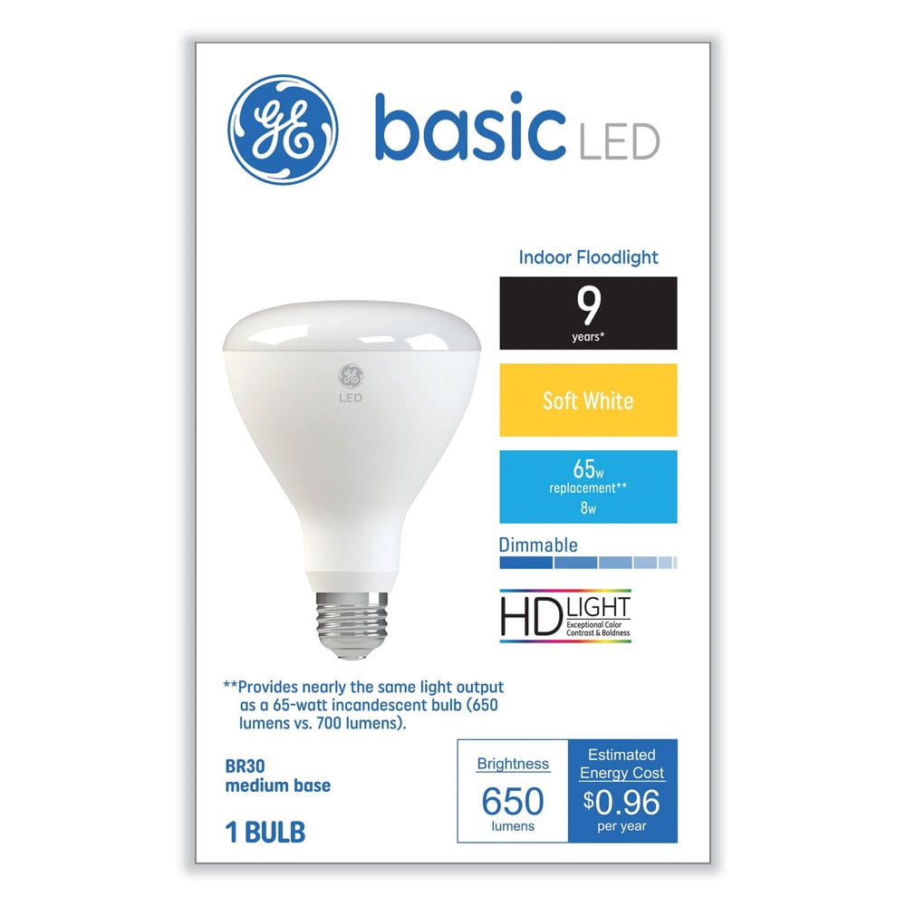 Basic LED Dimmable Indoor Flood Light Bulbs BR30 8 W Soft White 48198 - Walmart.com