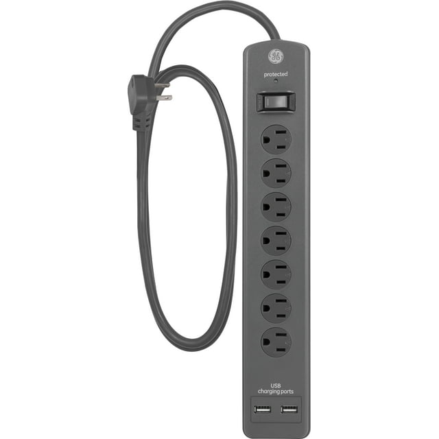 GE 4ft 7-Grounded Outlet Surge Protector, 2 USB, Gray - 53276 - Walmart.com