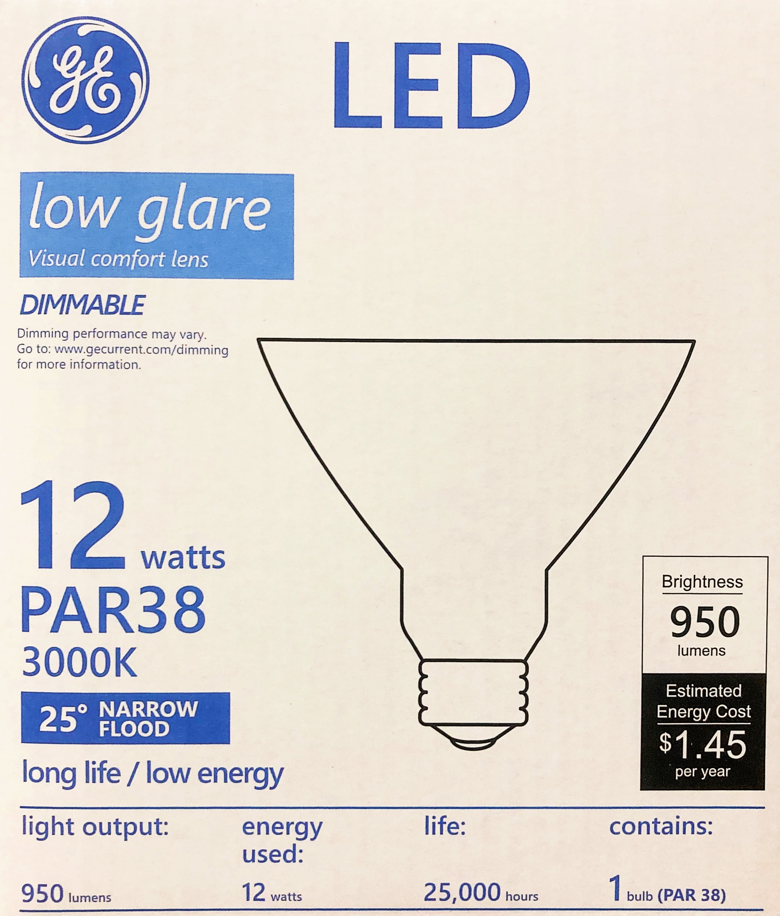GE 50030 LED PAR38, low glare, 12 watt, 950 lumens, 3000K, Narrow Flood ...