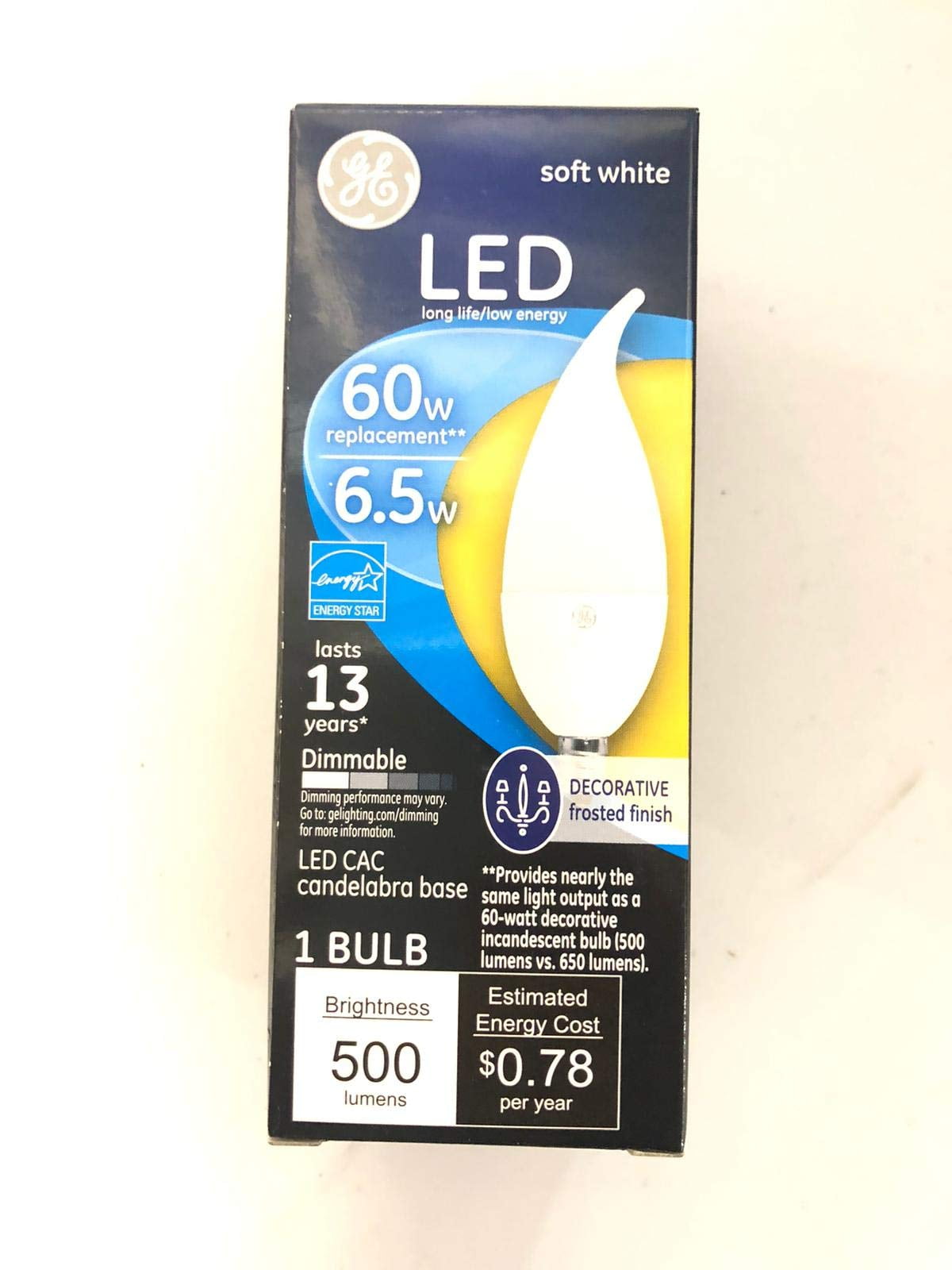 GE 6.5-Watt (60-Watt Replacement) 500 Lumens Soft White Candelabra Base ...