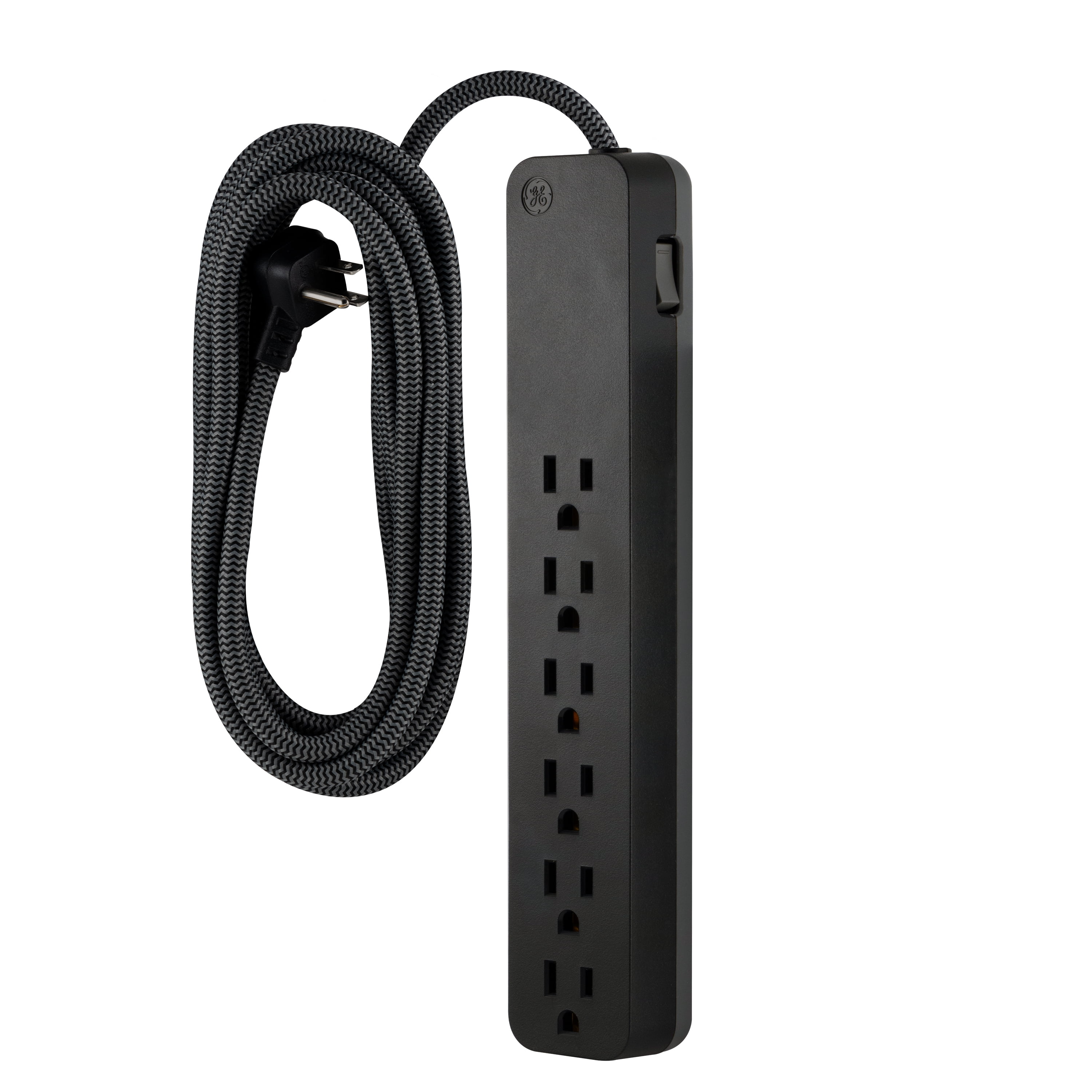 GE 6-Grounded Outlet Surge Protector, 840J, 10ft. Braided Cord, Black ...