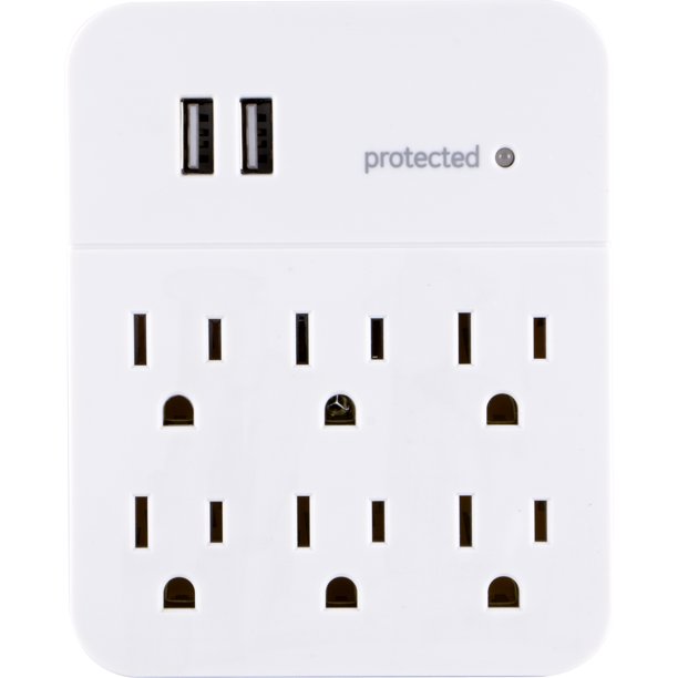 GE 6-Outlet 2-USB Ports Charging Adapter with Surge Protection, 36735 ...