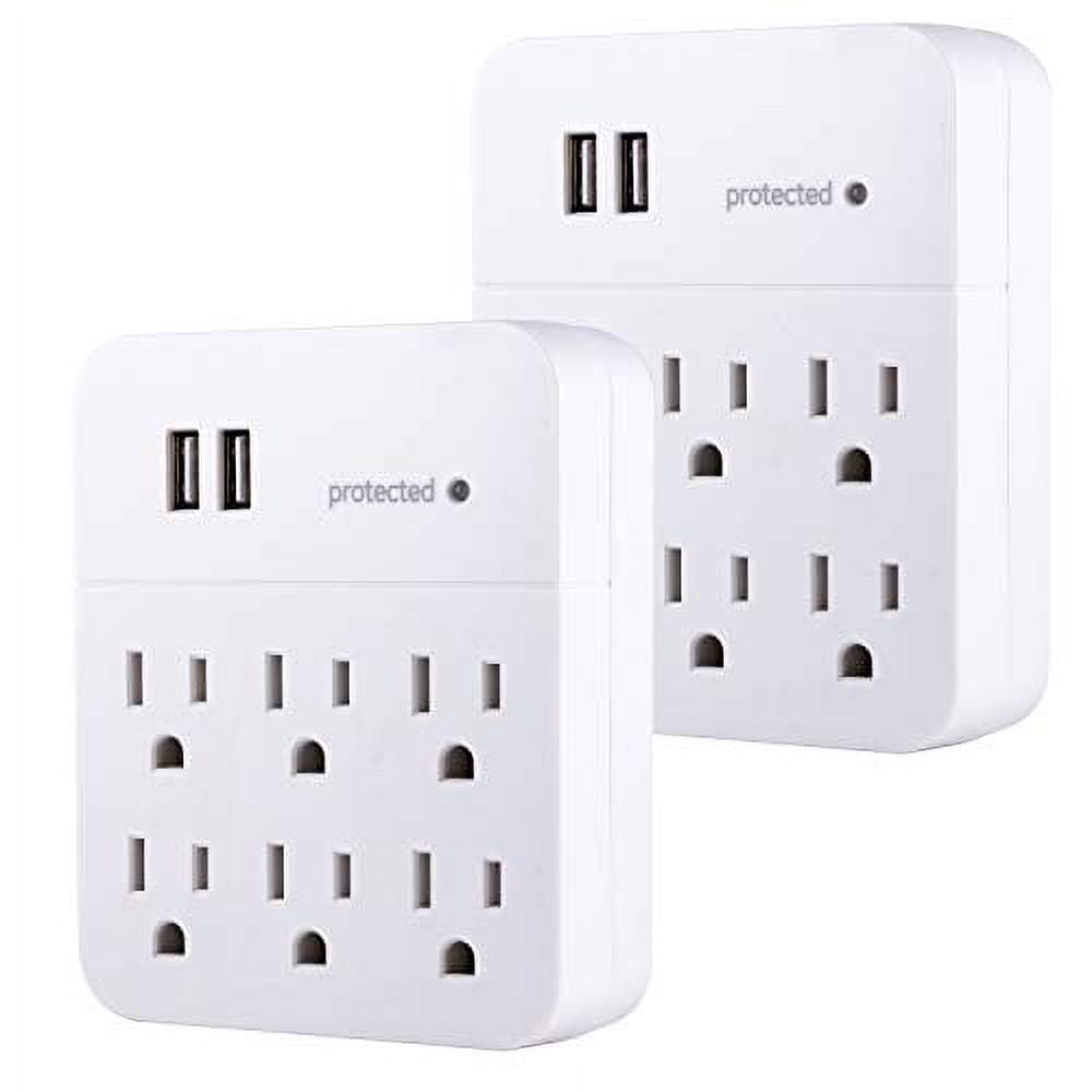 GE 6-Outlet 2 USB Surge Protector Adapter, 2 Pack, Wall Tap, 3 Prong ...