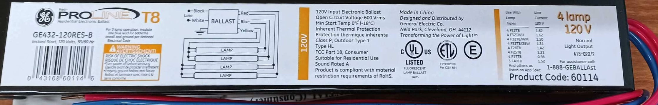 GE 60114 Proline Residential Ballast, 3/4 Lamp T8 Instant Start, 120V ...