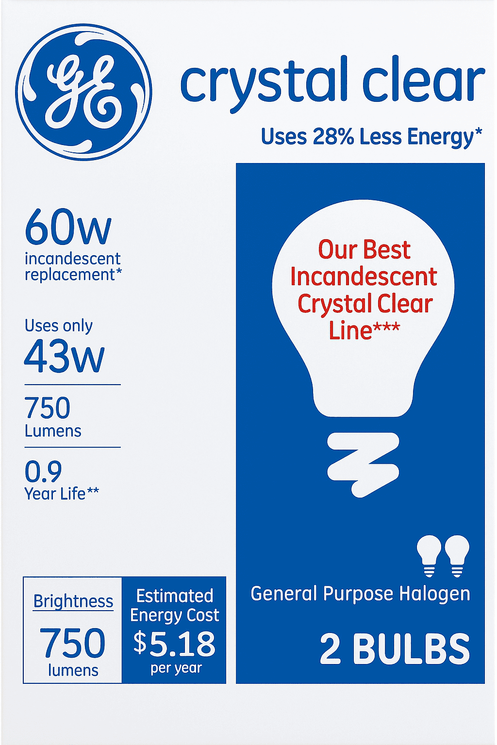 GE 60W Energy-Efficient Crystal Clear 43-Watt, Light 1 Pack - 2 Bulbs - Walmart.com