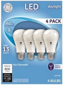 GE 62010 LED Light Bulbs, Daylight, 800 Lumens, 9 Watt, 4-Pk ...