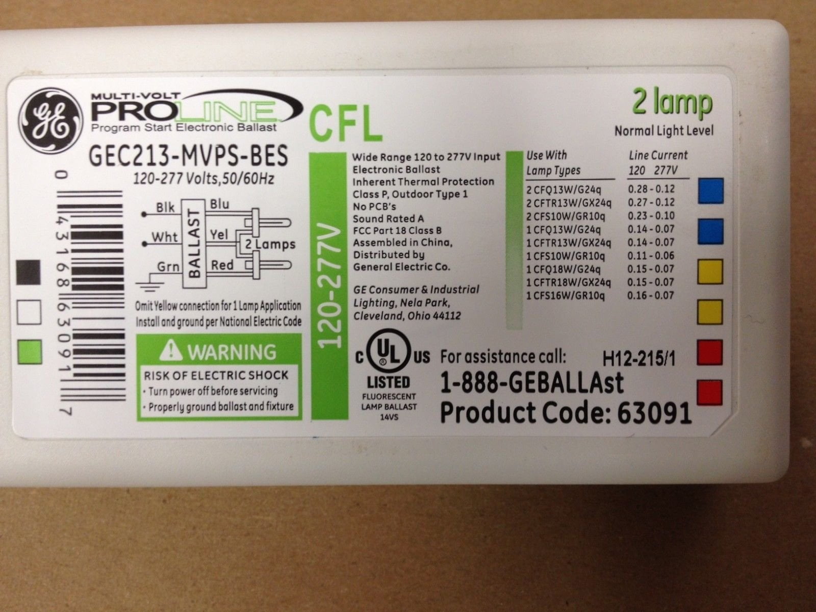 GE 63091 HIGH FREQUENCY ELECTRONIC BALLASTS FOR 2 OR 1 CFL LAMP ...