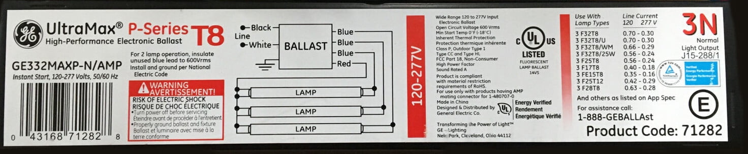 GE 71282 UltraMax P-Series T8 High Performance Electronic Ballast, 3 or ...