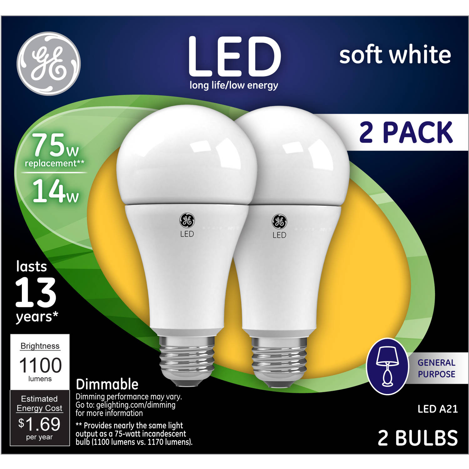 GE 75W Equivalent (Uses 14W) Soft White A21 LED Bulb, 2-Pack - Walmart.com