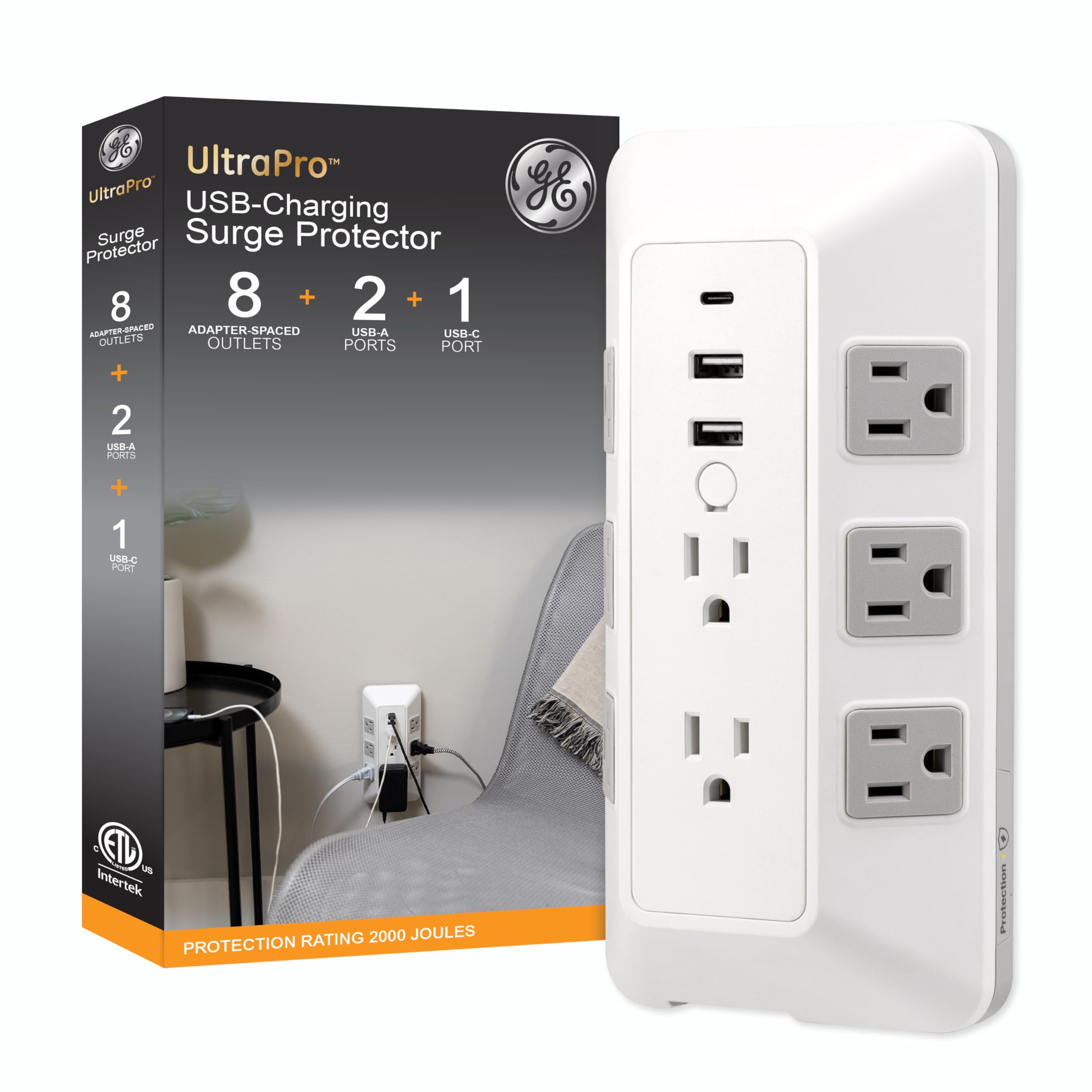 GE 8-Outlet Surge Protector with USB, Outlet Extender, 2 USB-A, 1 USB-C ...